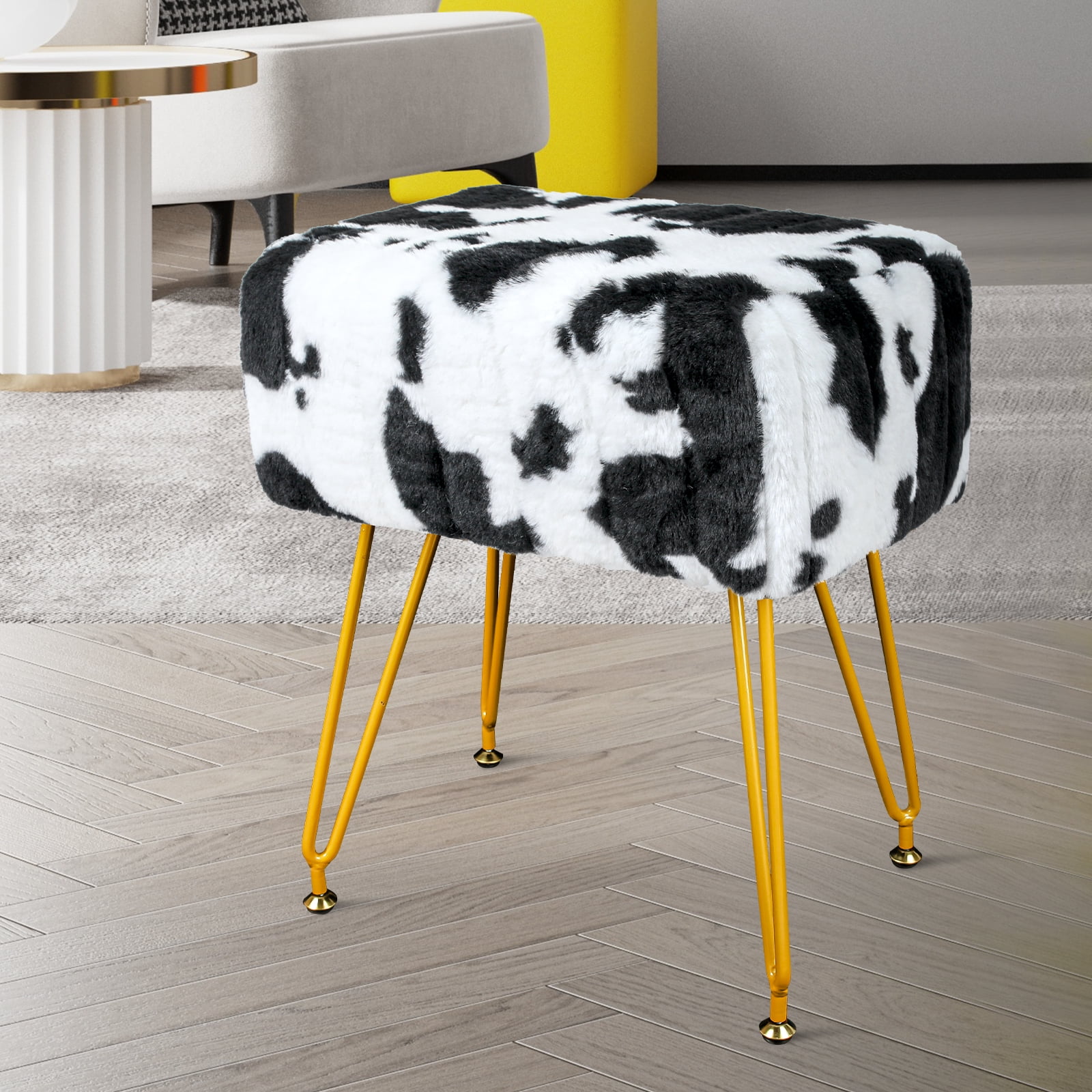 Hofitlead Ottoman Square Footstool, with Gold Legs Faux Mink Vanity ...