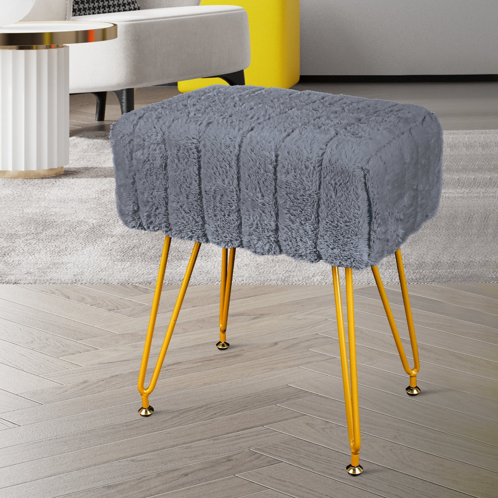 Hofitlead Ottoman Square Footstool, with Gold Legs Faux Mink Vanity ...