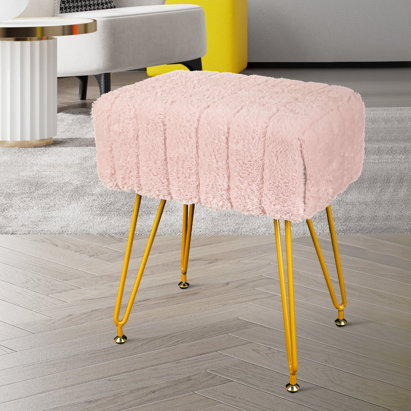 Hofitlead Ottoman Square Footstool, with Gold Legs Faux Mink Vanity ...