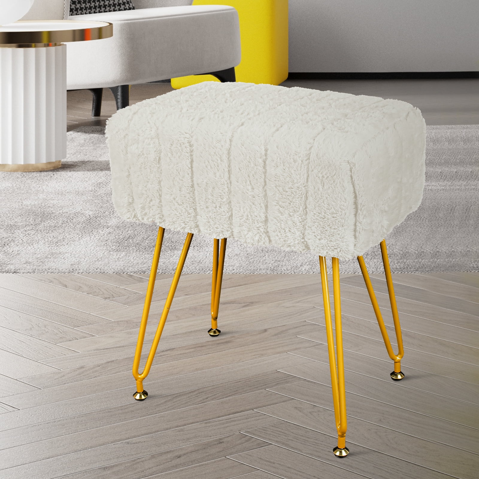 Hofitlead Ottoman Square Footstool, with Gold Legs Faux Mink Vanity ...