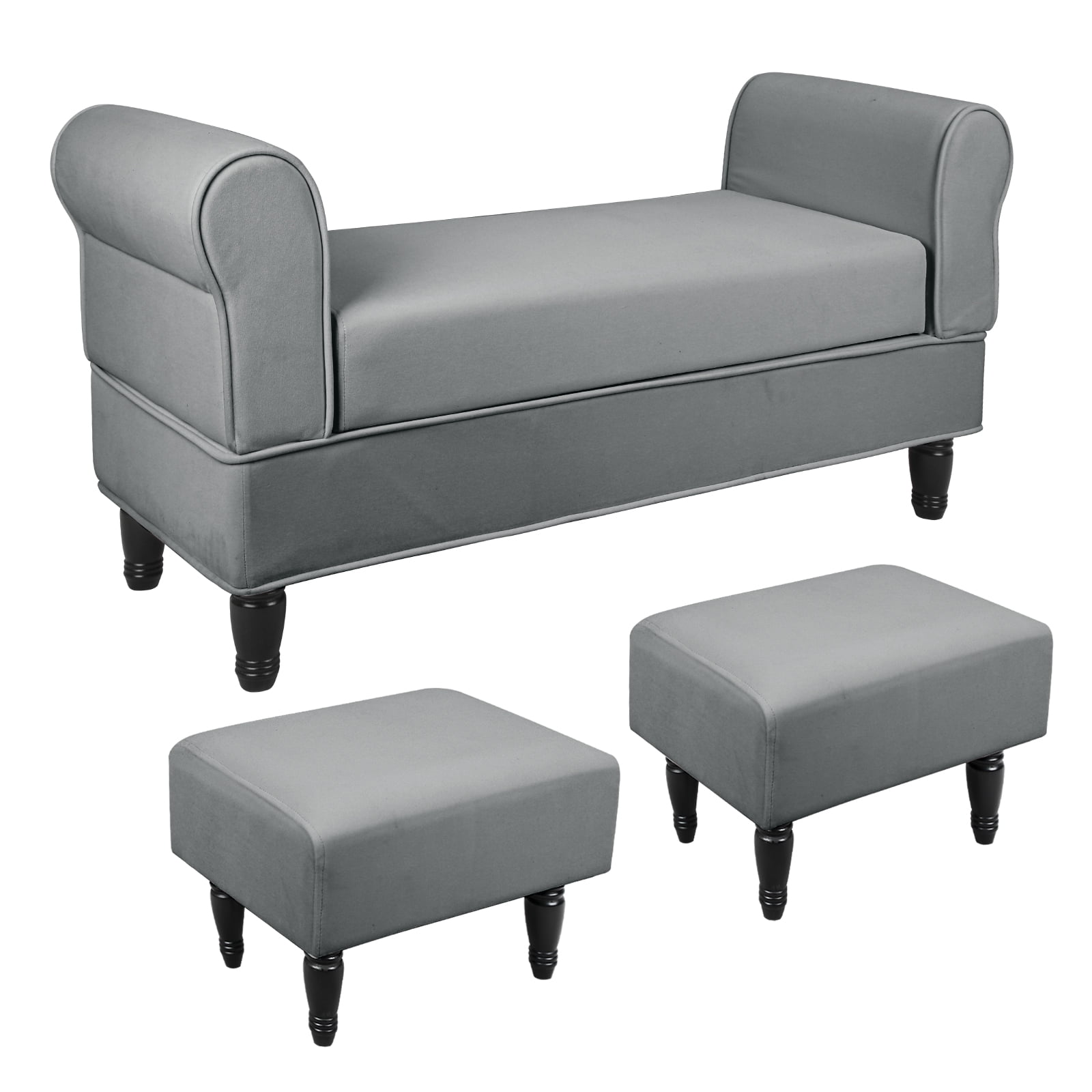 Hofitlead Velure Rolled Arm Storage Bench with 2 Ottoman Footstools ...