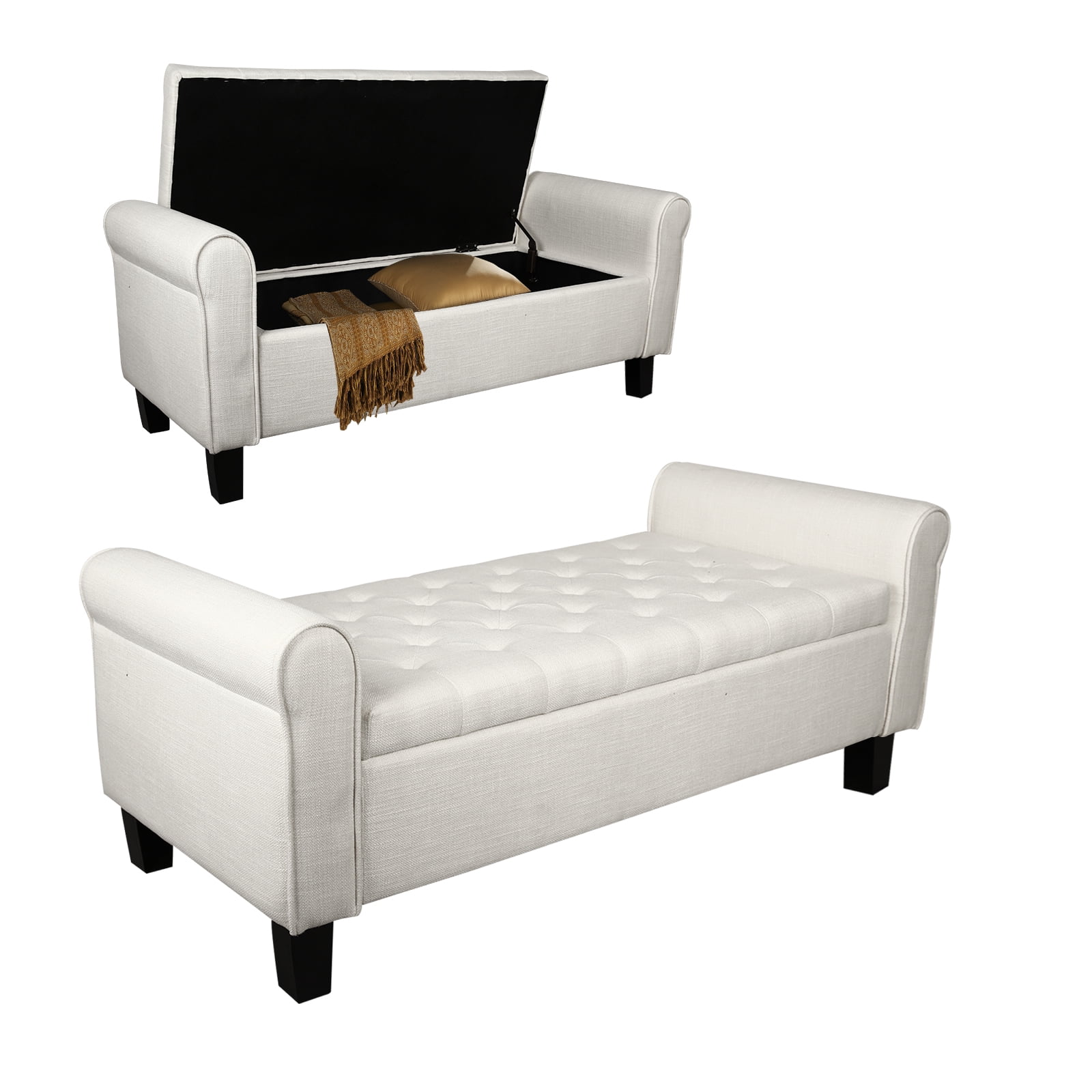 Hofitlead Large Beige Bedroom Storage Ottoman Bench, Linen Fabric ...