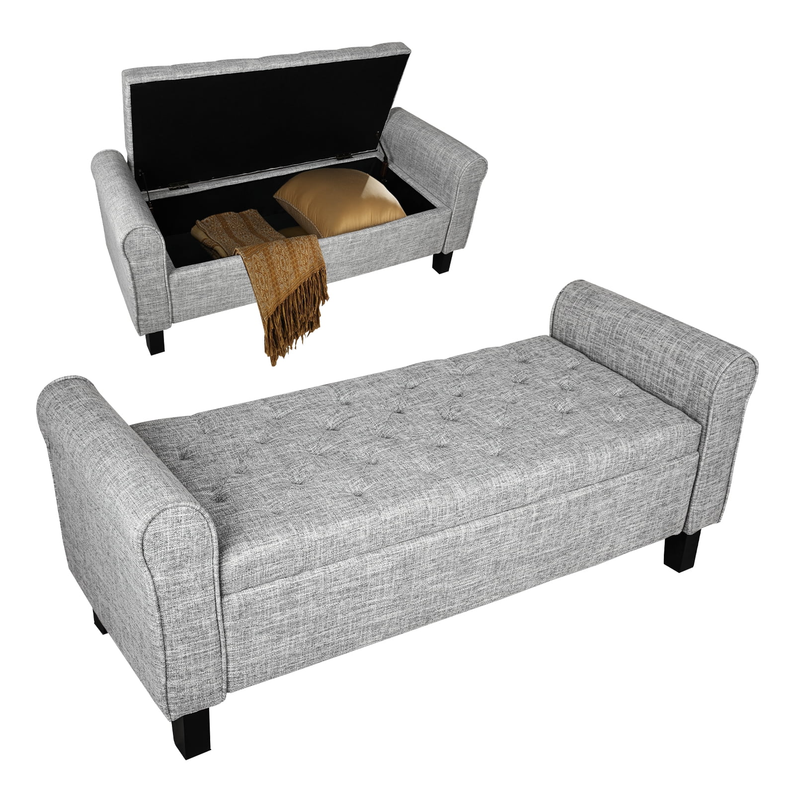 Hofitlead Storage Ottoman Bench,Linen Fabric Upholstered Rolled Arm ...