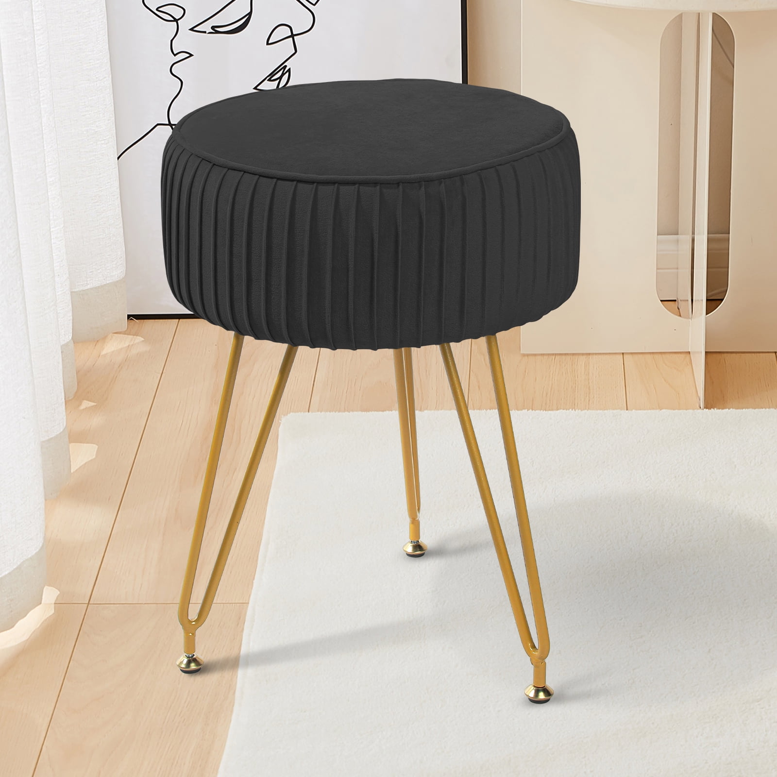 Hofitlead Velvet Vanity Chair Round Ottoman,Upholstered Vanity Makeup ...