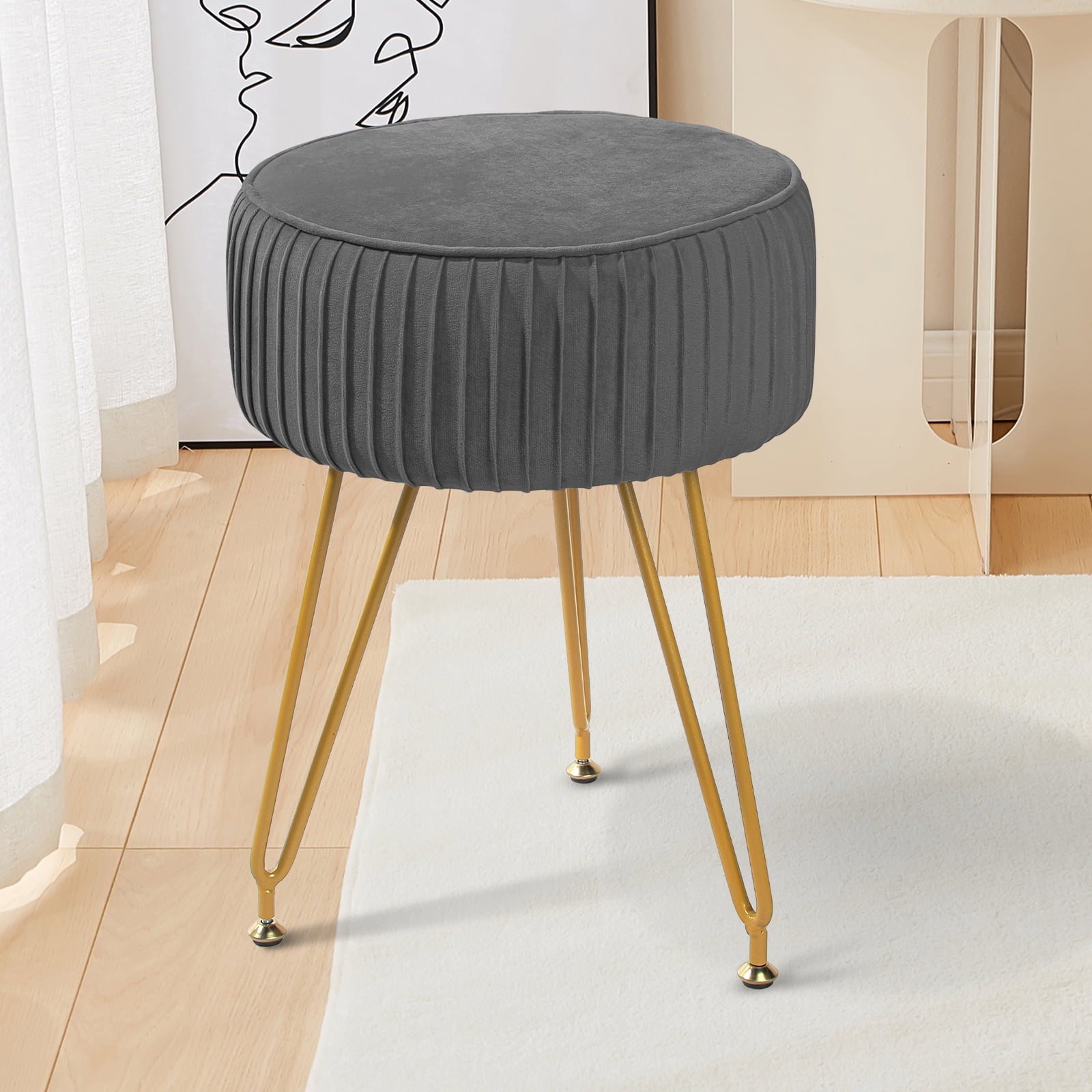 Hofitlead Velvet Vanity Chair Round Ottoman,Upholstered Vanity Makeup ...