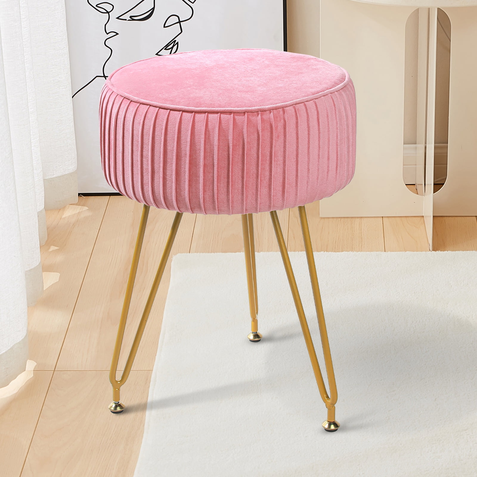 Hofitlead Velvet Vanity Chair Round Ottoman,Upholstered Vanity Makeup ...