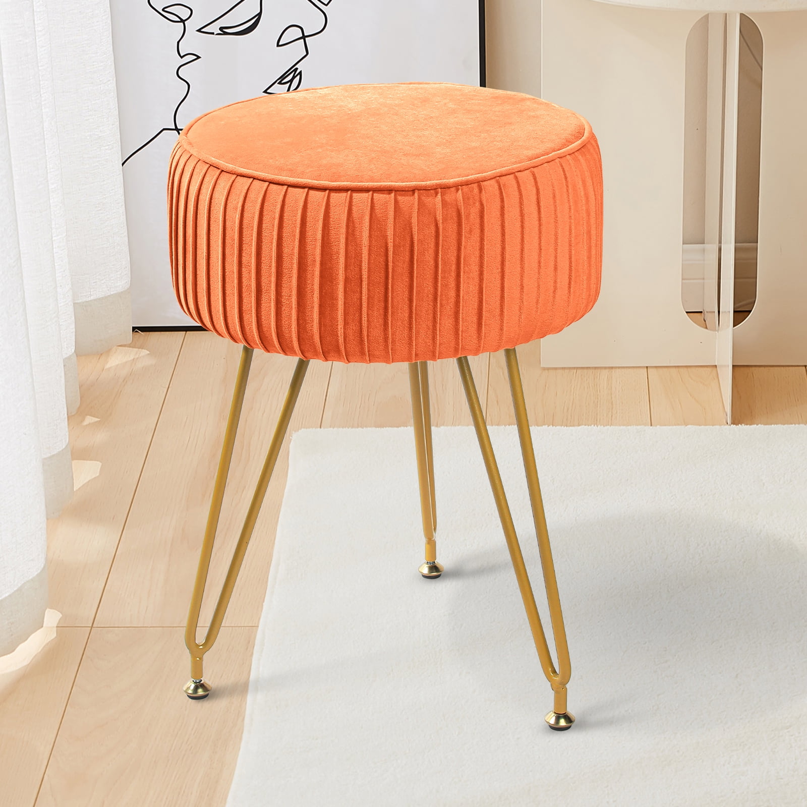 Hofitlead Velvet Vanity Chair Round Ottoman,Upholstered Vanity Makeup ...