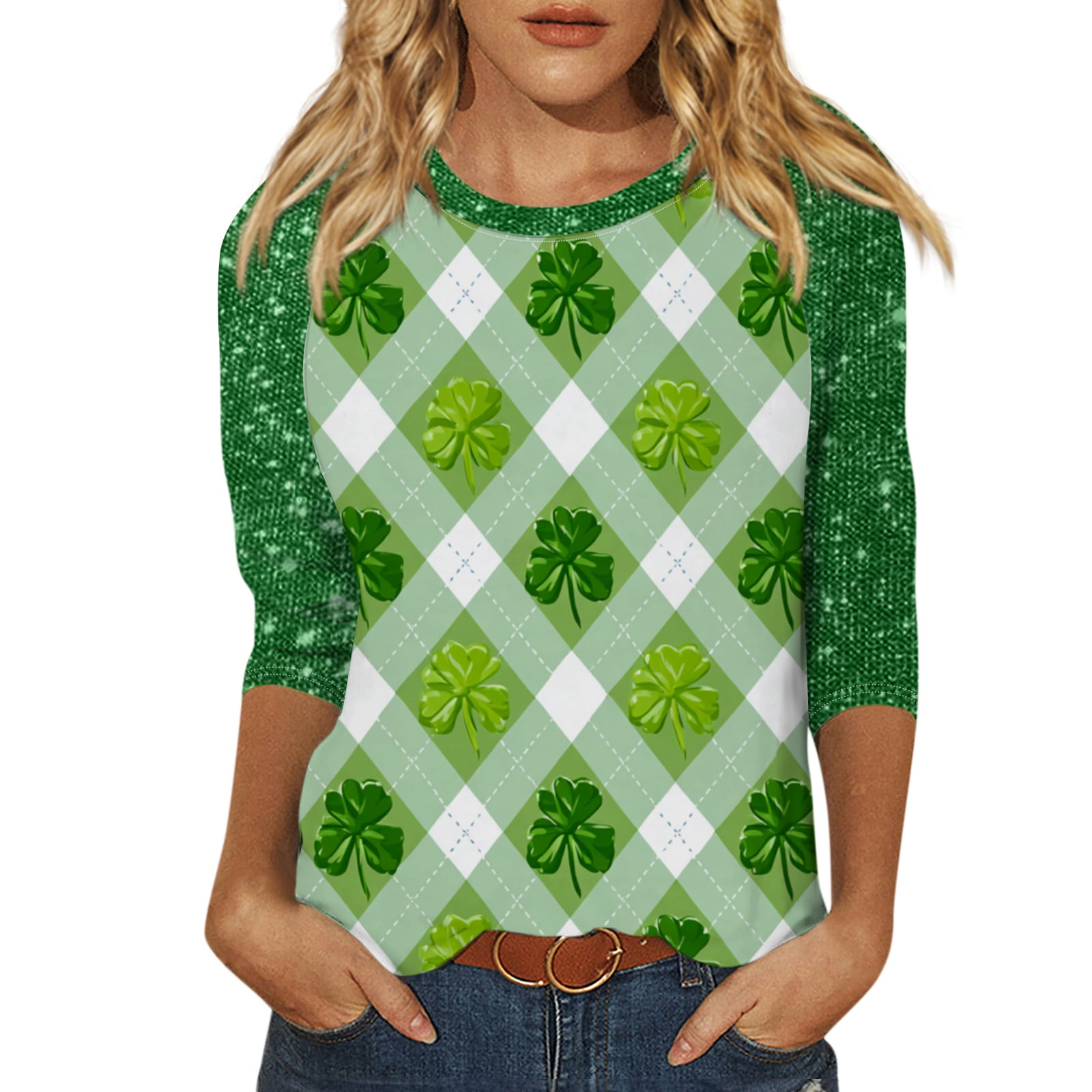 Hogleaql 3/4 Length Sleeve Womens Tops Saint Patrick's Day Crew Neck T ...