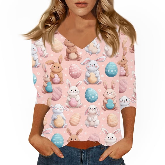 Hogleaql Easter 3/4 Sleeve Shirts for Women V Neck Shirts Trendy Cute ...