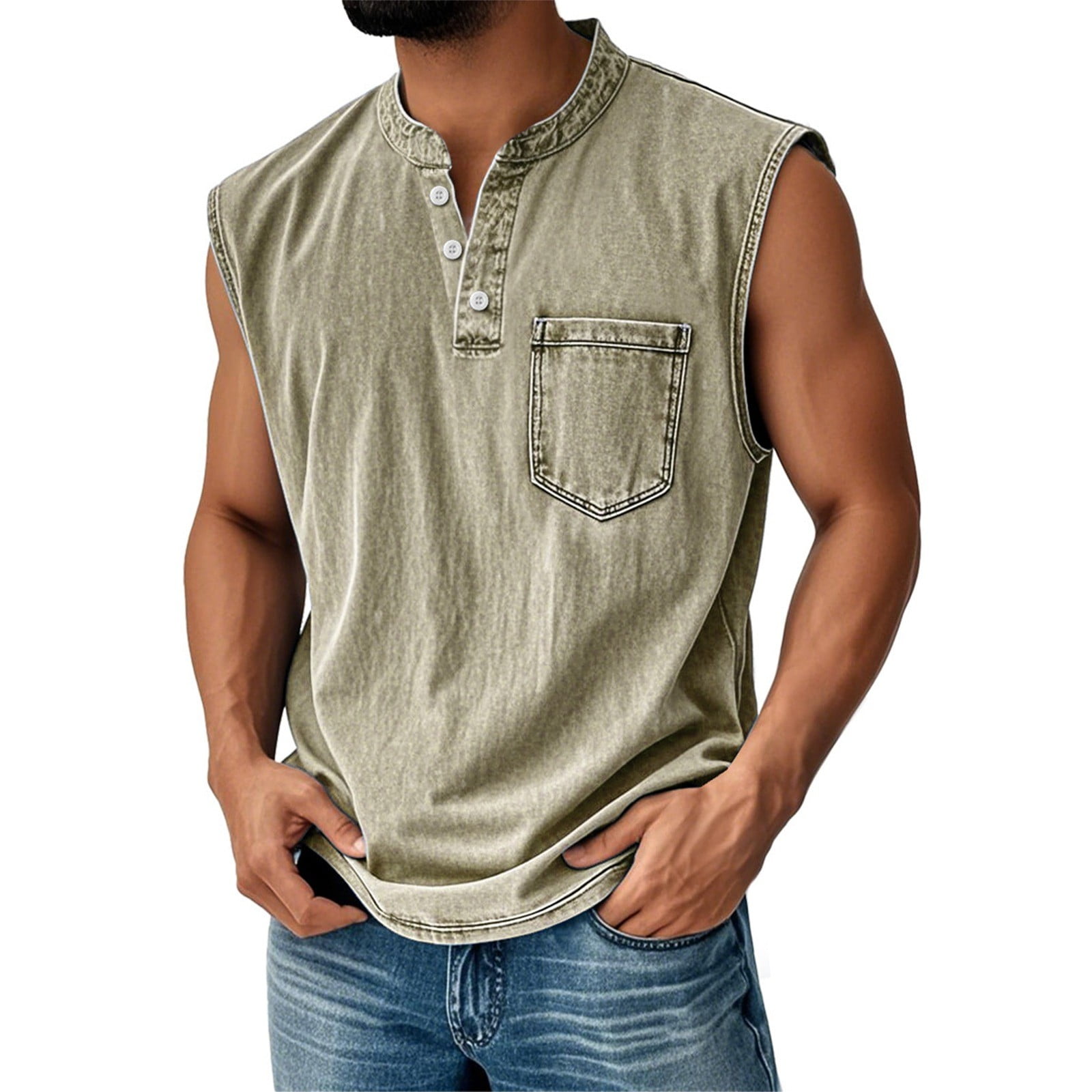Hogleaql Henley Tank Top Men Summer Muscle Button Down Sleeveless Tank ...
