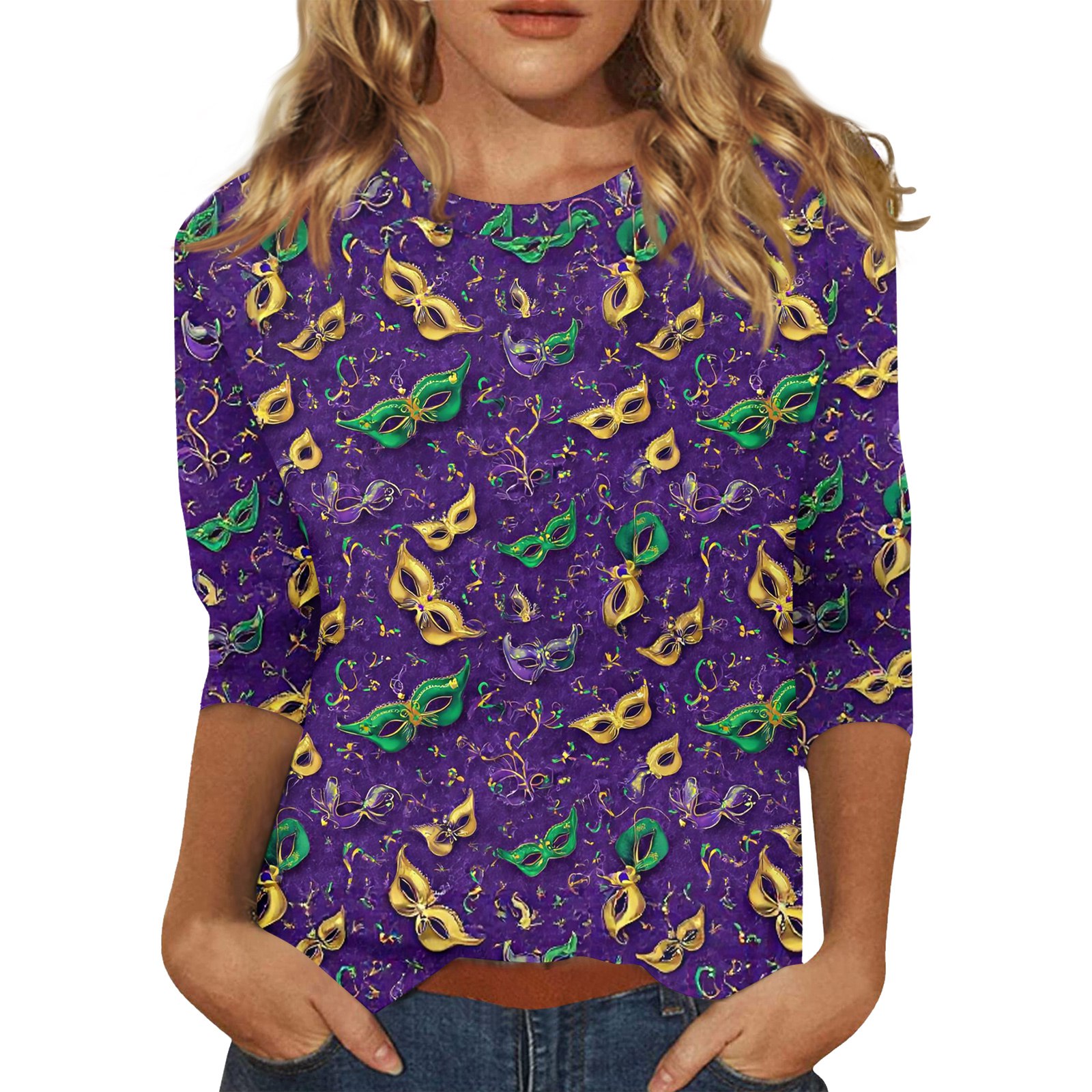 Hogleaql Mardi Gras Shirts for Women 3/4 Sleeve Crew Neck Loose Tops ...