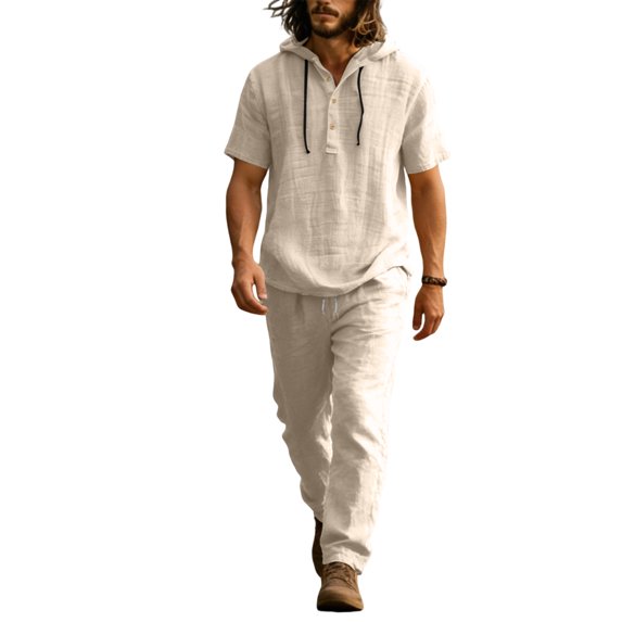 Hogleaql Men's Cotton Linen Two Piece Set Long Sleeve Dressy Button ...