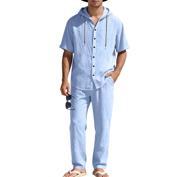 Hogleaql Men's Linen Set Cotton Short Sleeve Trendy Button Down Tshirts ...