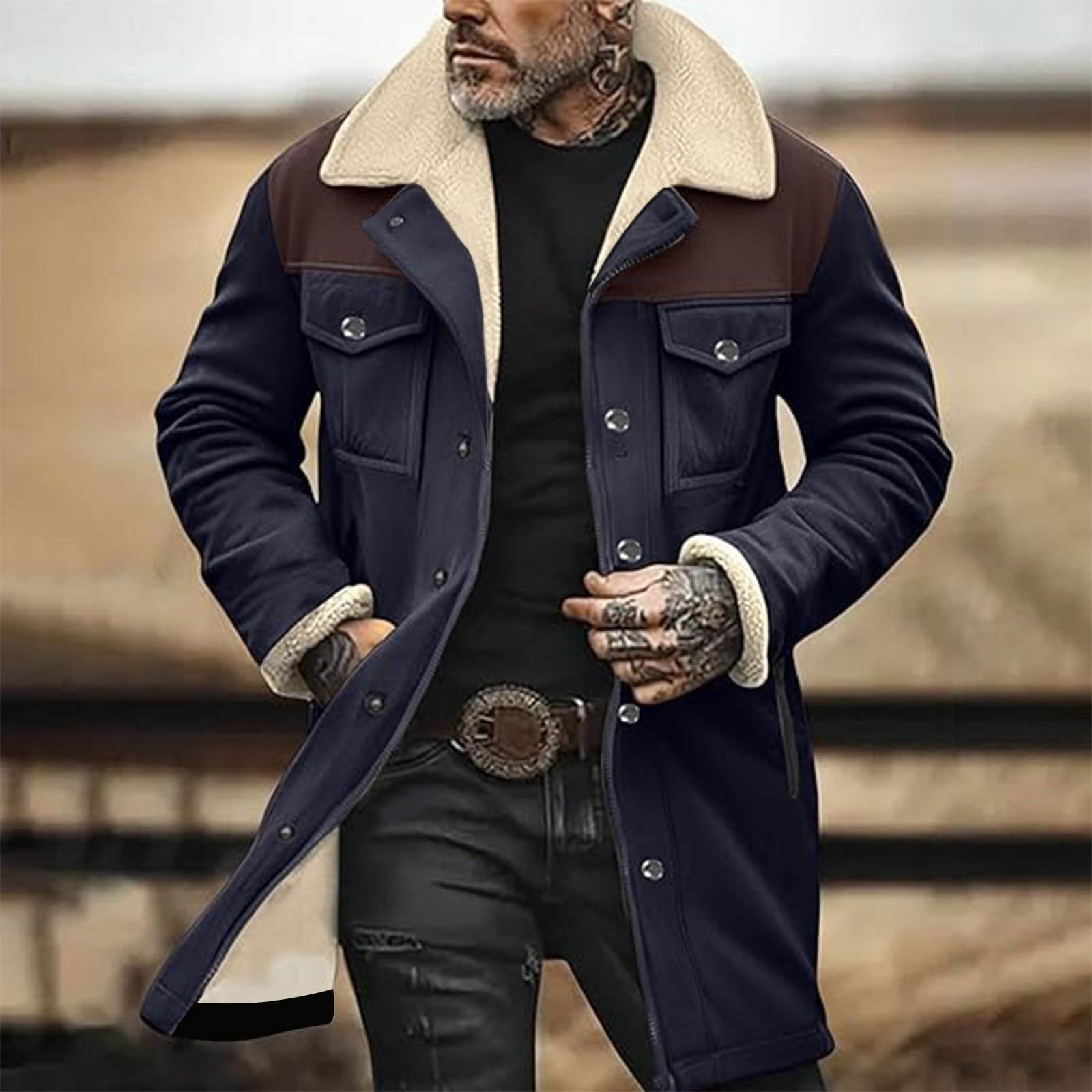 Hogleaql Men's Vintage Suede Jacket Retro Plush Reversed Collar Long ...