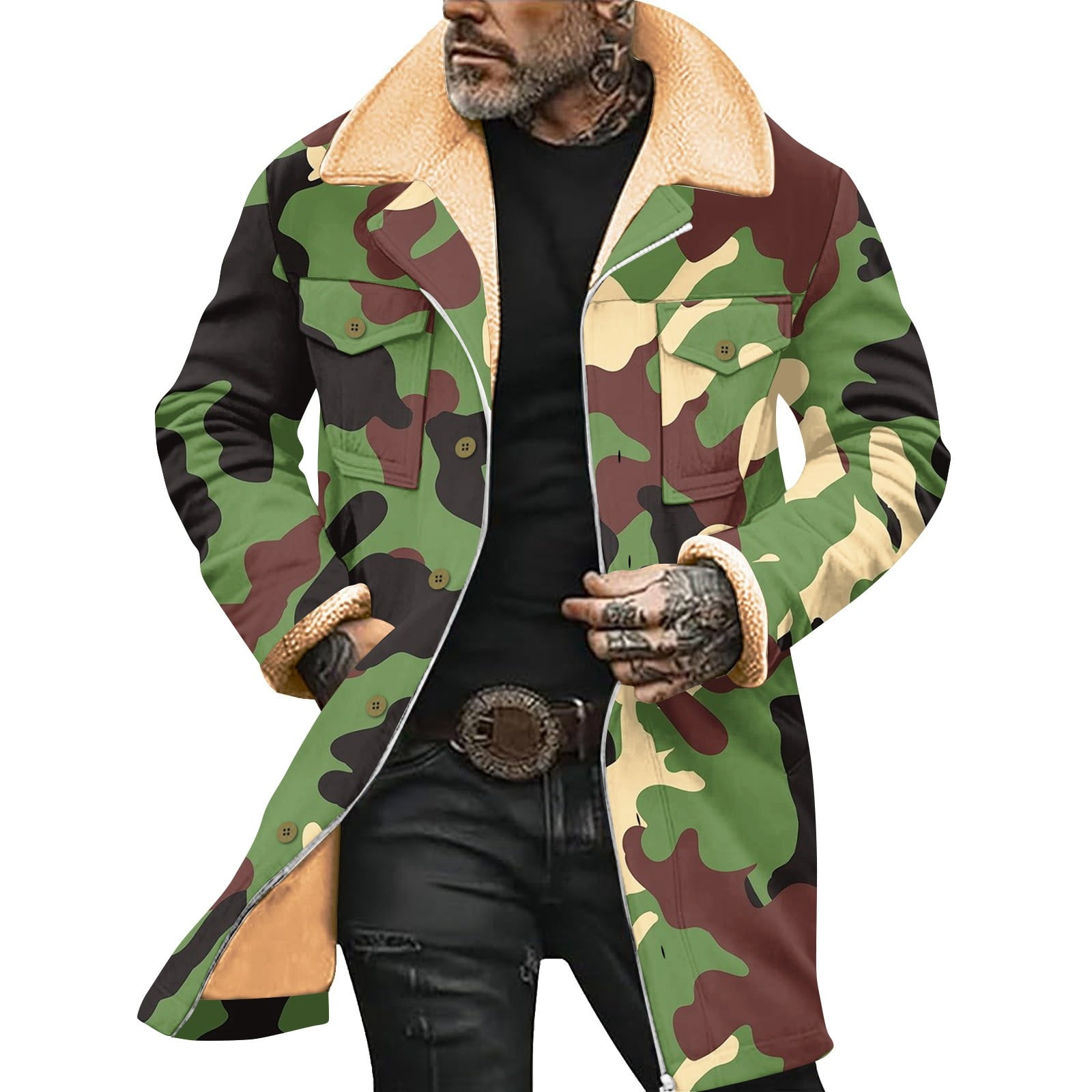 Hogleaql Men's Winter Jacket Retro Suede Plush Reversed Collar Long ...