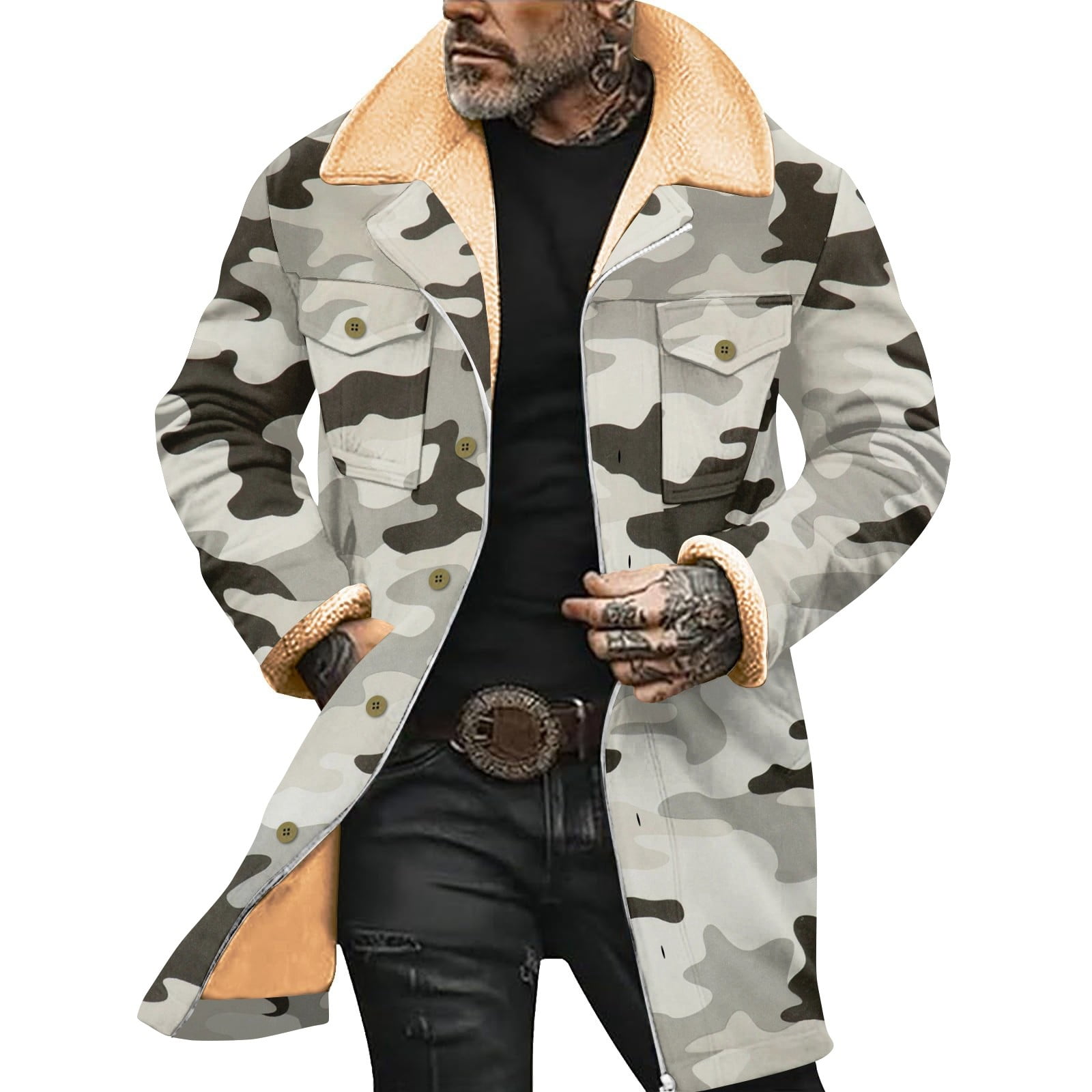 Hogleaql Men's Winter Jacket Vintage Suede Plush Reversed Collar Long ...