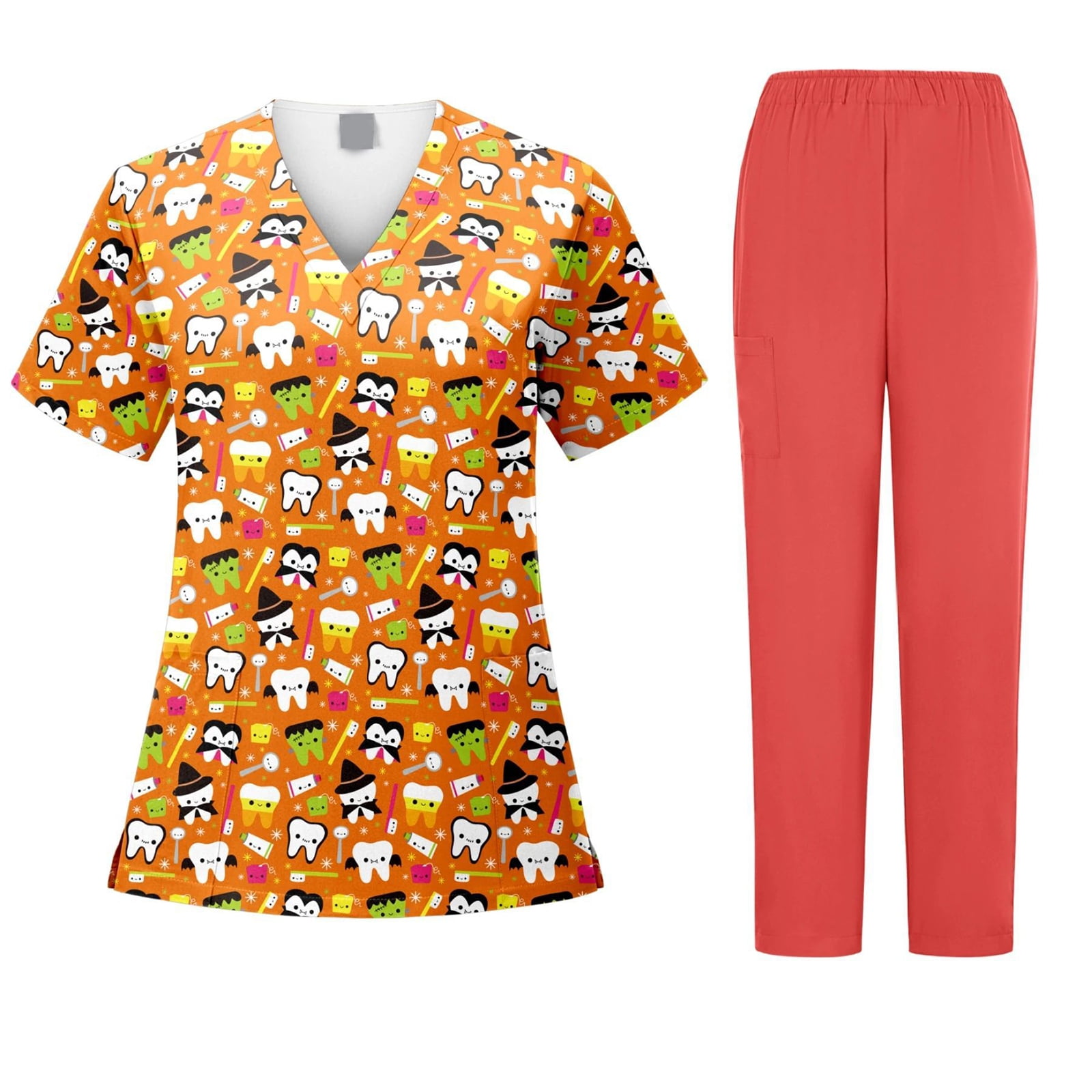 Hogleaql Nursing Uniforms Set for Women Round Neck Tooth Pattern Short ...