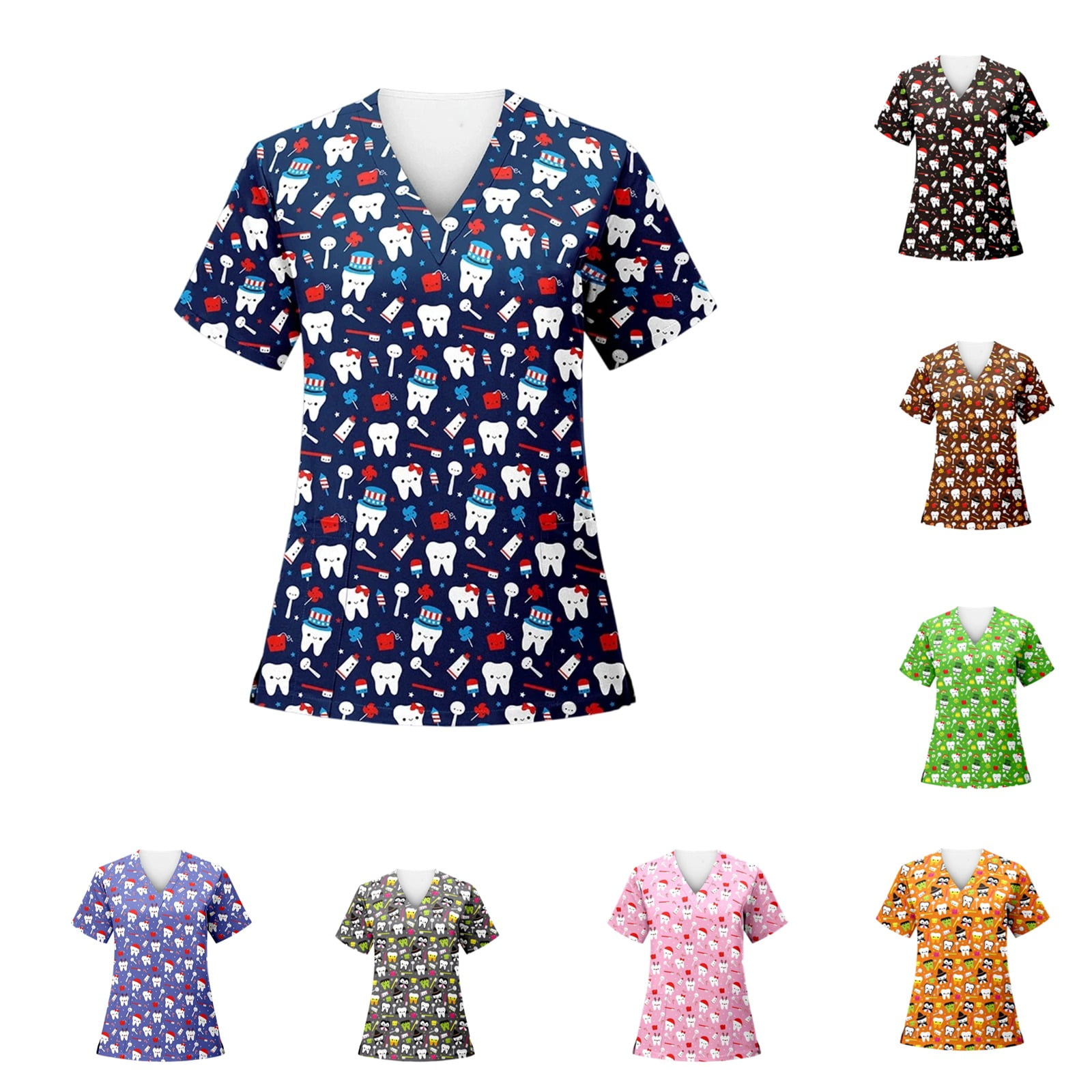 Hogleaql Scrubs Top for Women Soft Short Sleeve V-Neck Cute Tooth ...