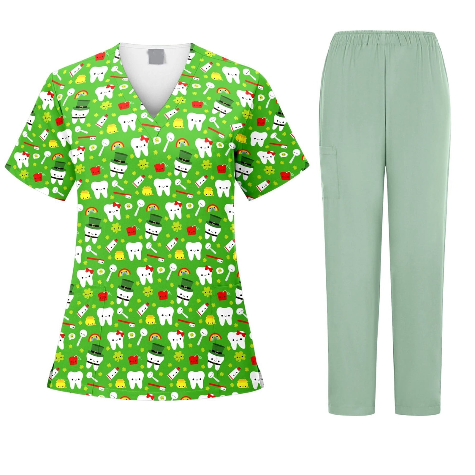 Hogleaql Uniforms Scrubs Set for Women Round Neck Tooth Printed Short ...