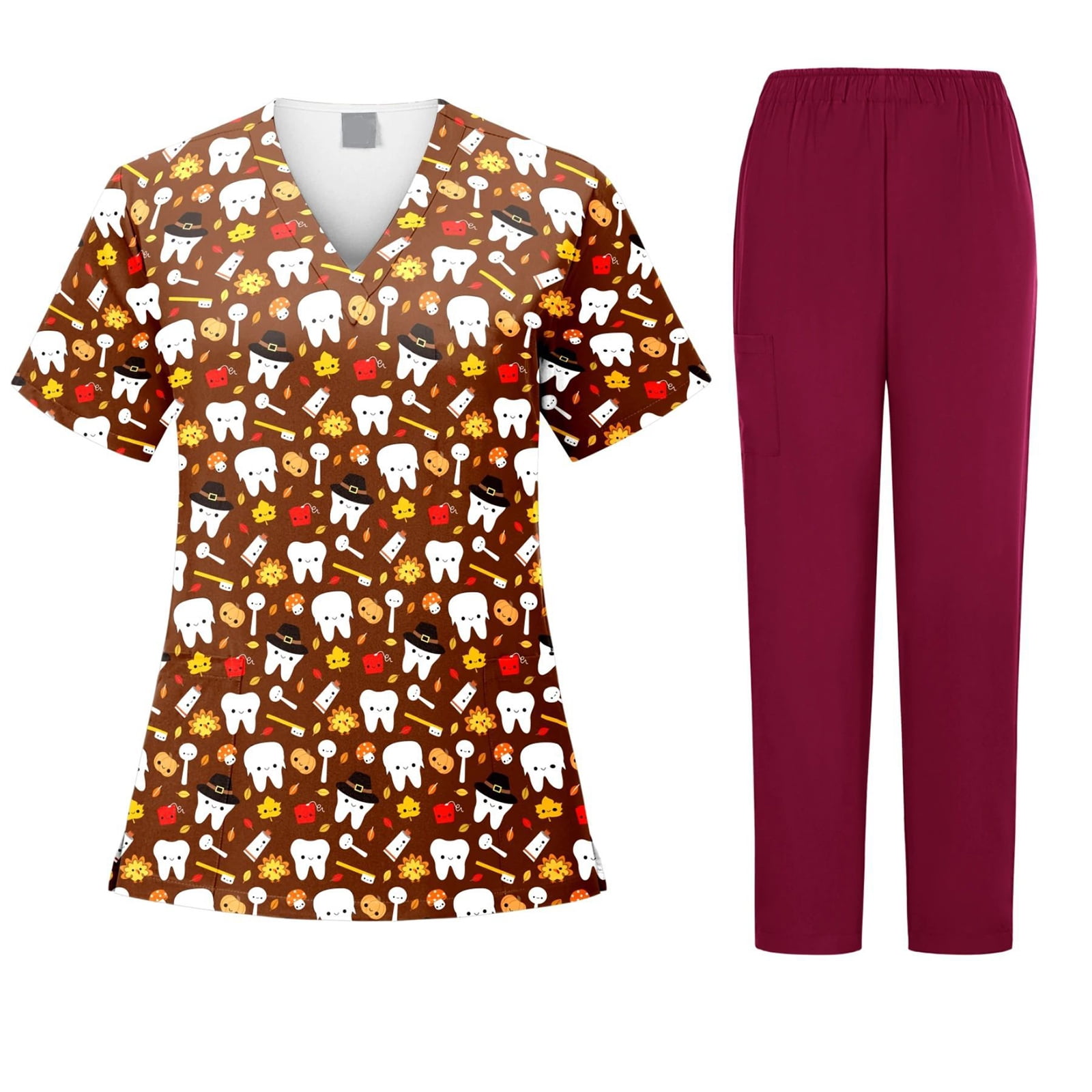 Hogleaql Uniforms Scrubs Set for Women Round Neck Tooth Printed Short ...