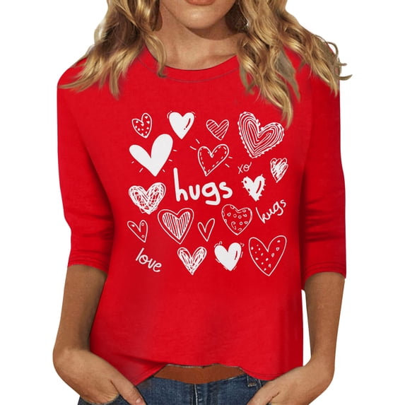 Hogleaql Valentine 3/4 Sleeve Shirts for Women Crewneck Tee Shirts ...