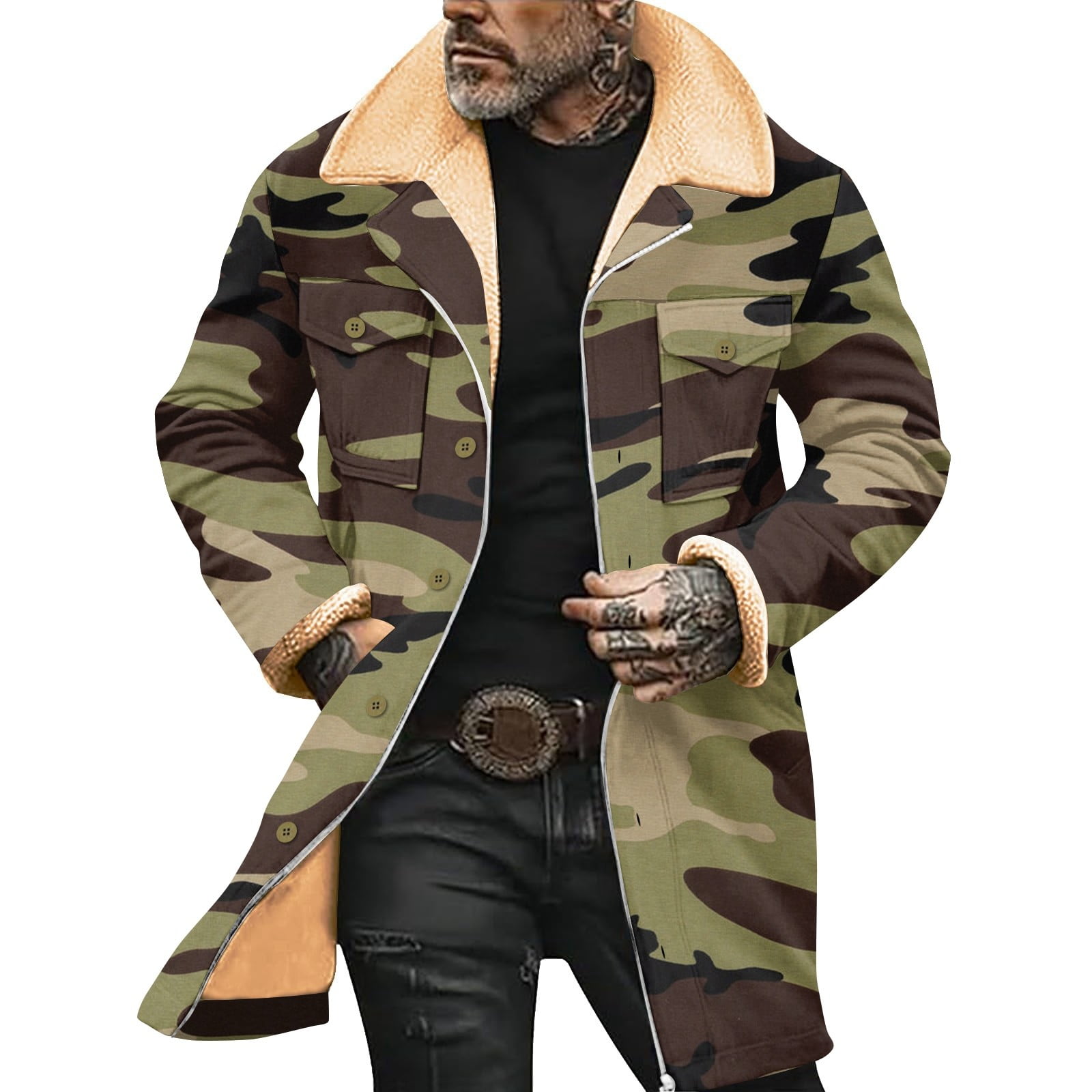 Hogleaql Vintage Suede Jacket for Men Plush Retro Reversed Collar Long ...