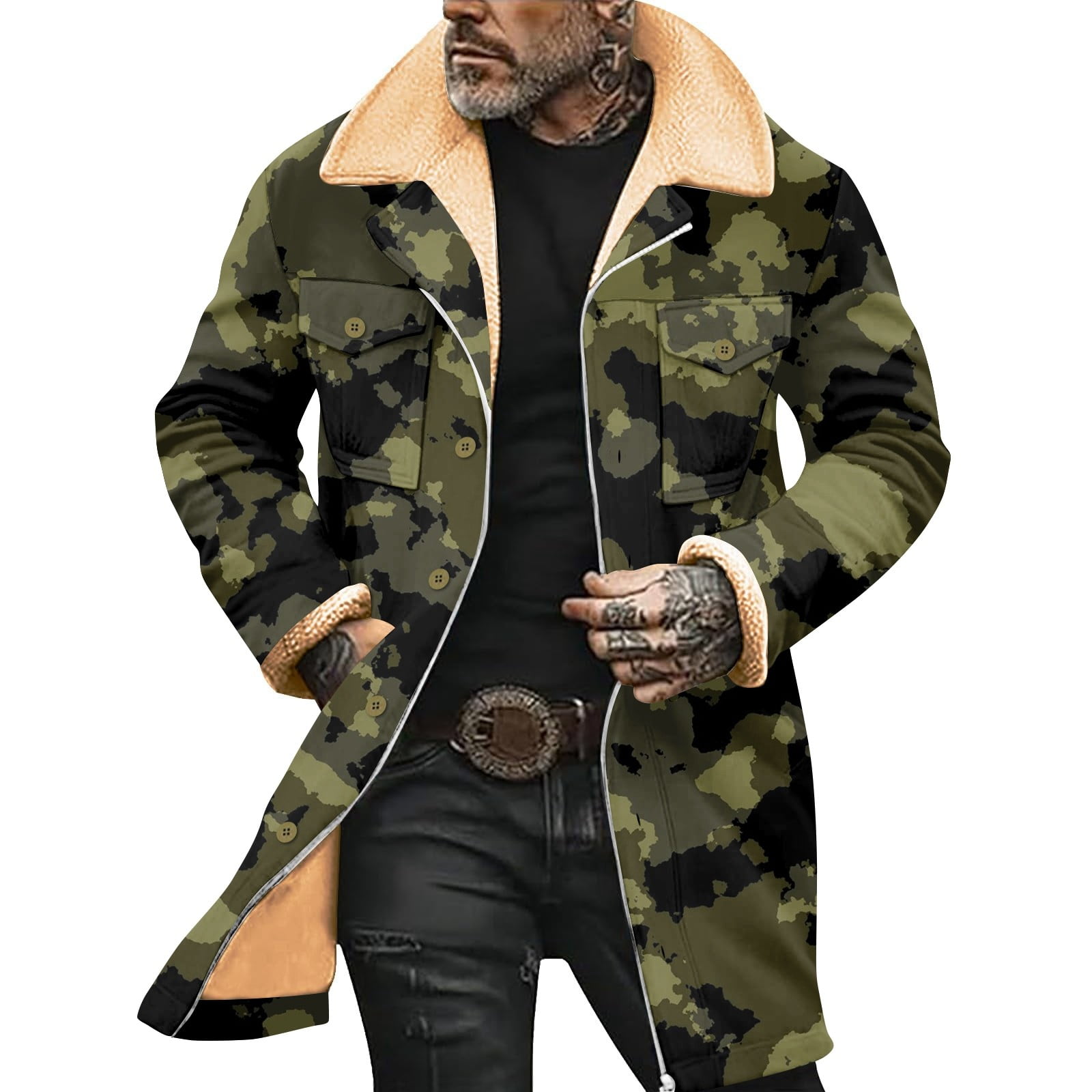 Hogleaql Vintage Suede Jacket for Men Plush Retro Reversed Collar Long ...