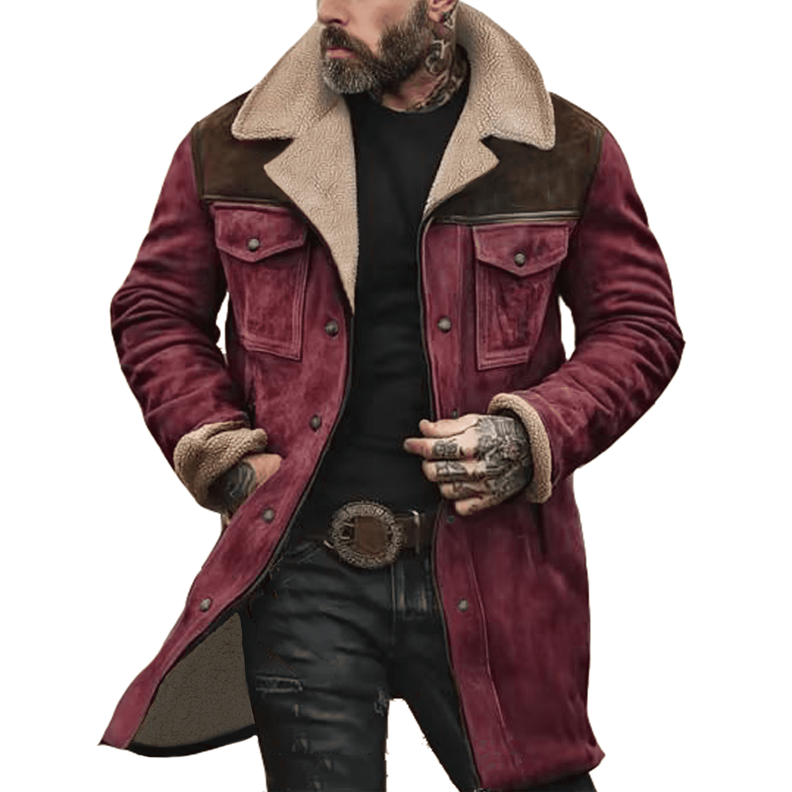 Hogleaql Vintage Suede Jacket for Men Plush Reversed Collar Long Sleeve ...
