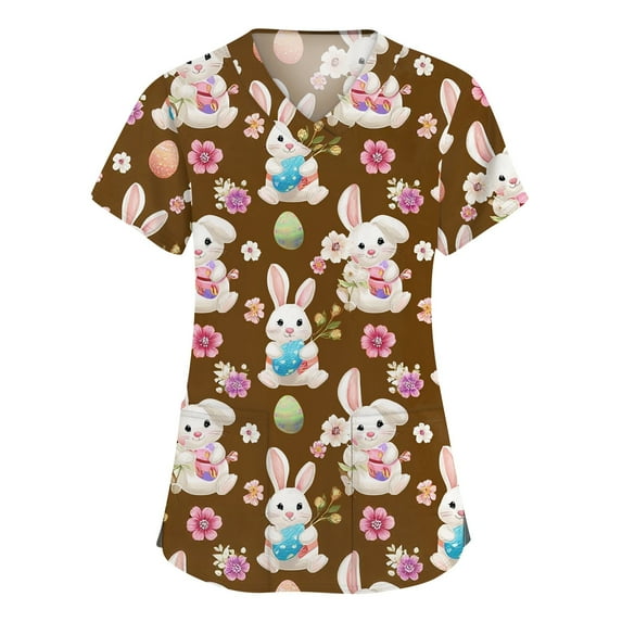 Hogleaql Women Easter Scrubs Top Short Sleeve V-Neck Plus Size Nursing ...