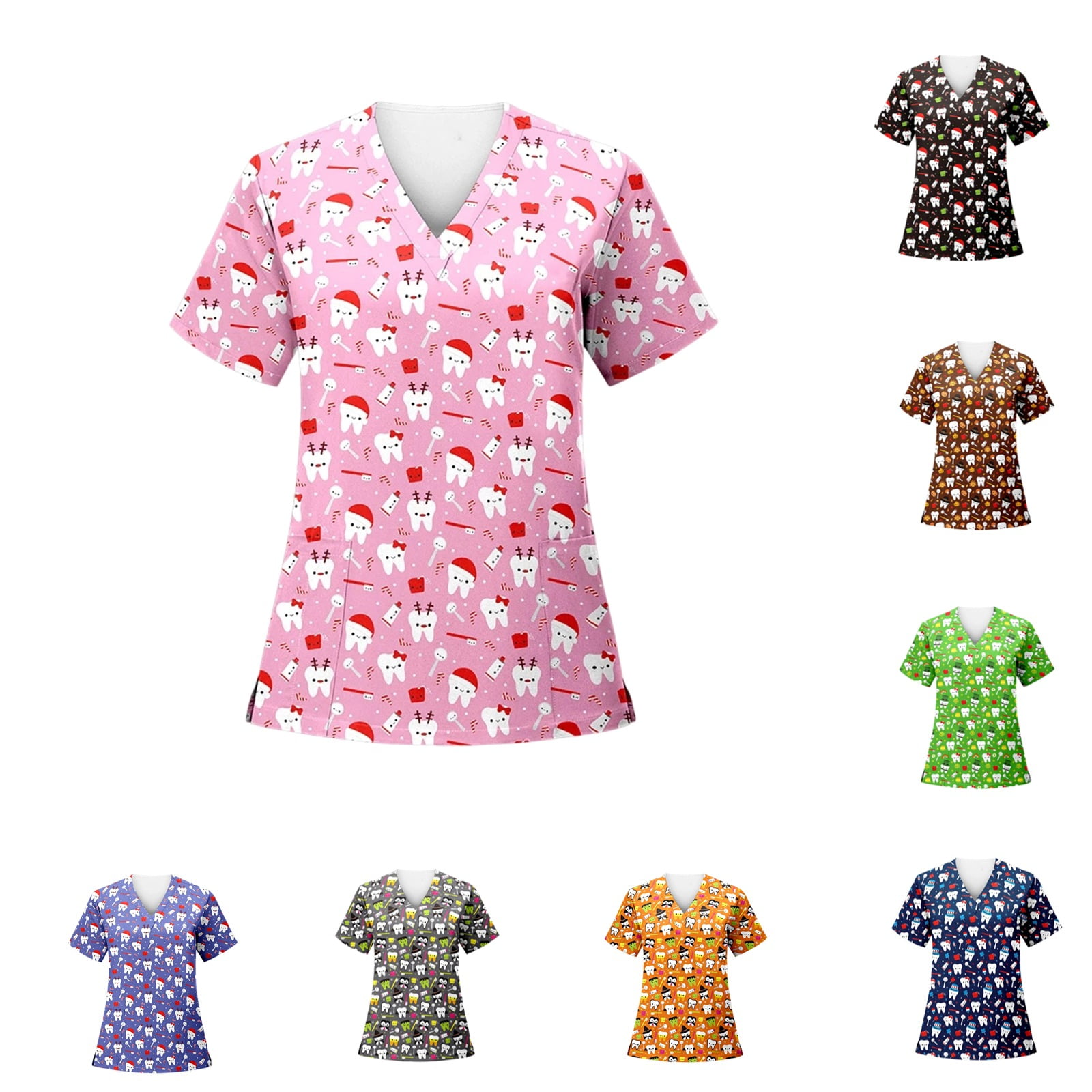 Hogleaql Women Scrubs Soft Short Sleeve V Neck Cute Tooth Pattern ...