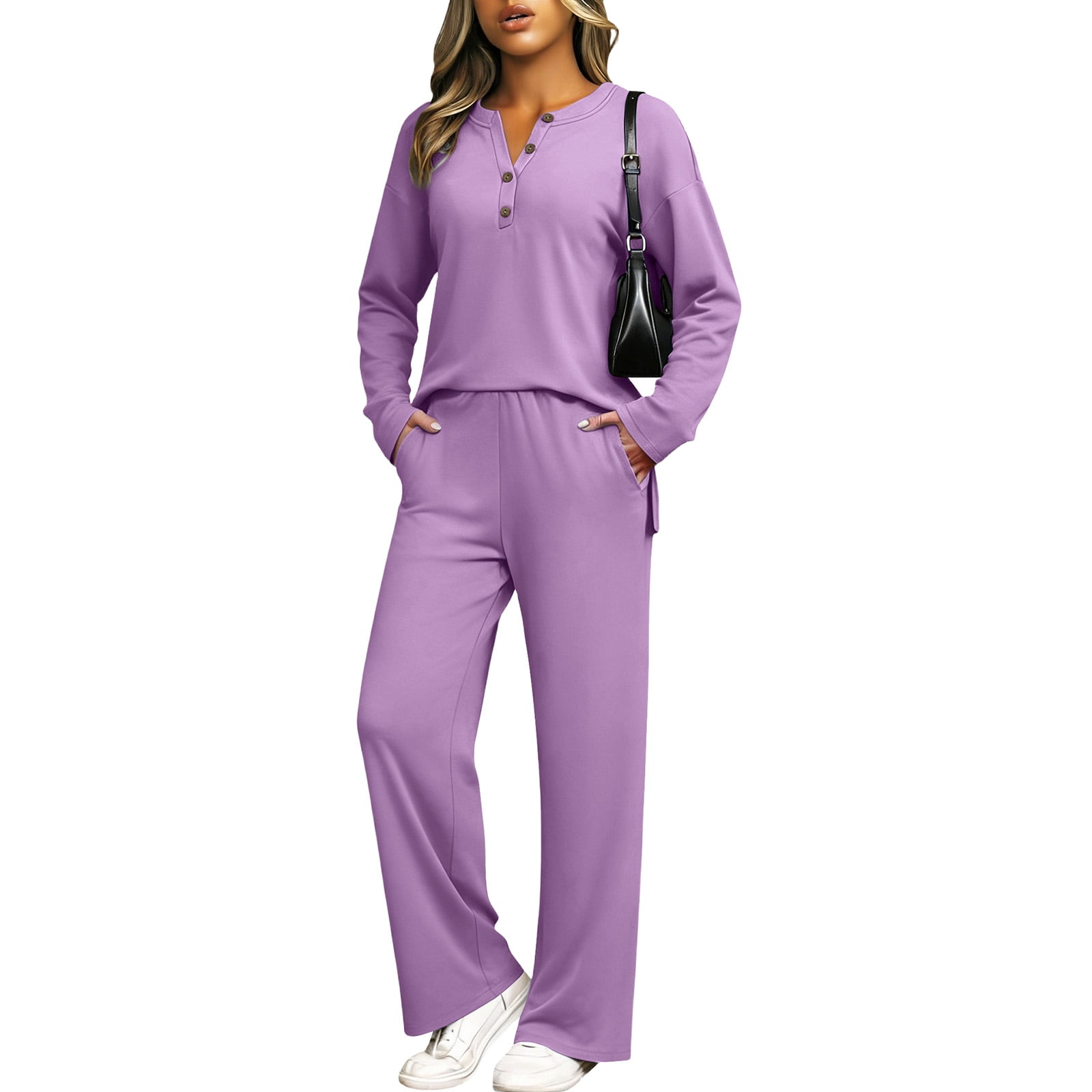 Hogleaql Women's 2 Piece Outfits Sets V Neck Long Sleeve Loose Fit ...