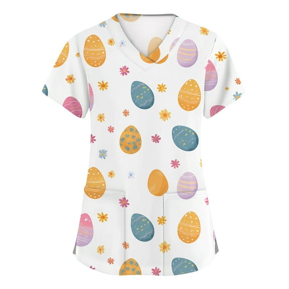 Hogleaql Women's Easter Scrubs Top Short Sleeve V-Neck Plus Size ...