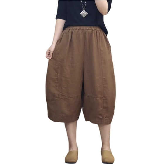 Hogleaql Women's Loose Cotton Crop Pants Wide Leg Linen Capri Elastic ...