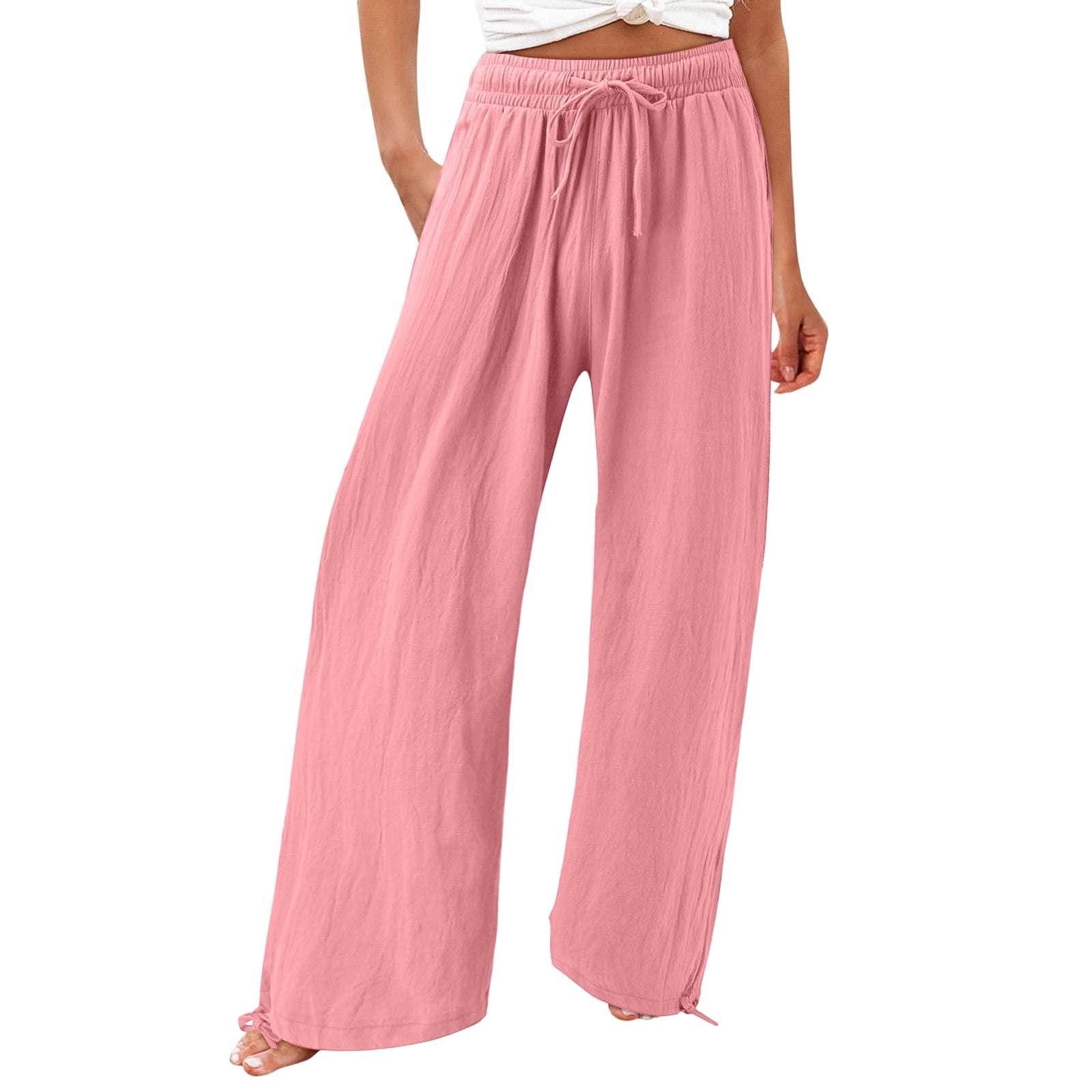 Hogleaql Women's Wide Leg Beach Pants Soft Drawstring Waist Palazzo ...