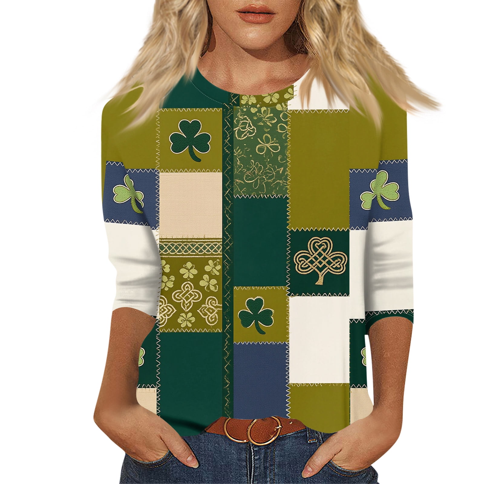 Hogleaql Womens 3/4 Sleeve Crewneck T-Shirts Saint Patricks Day T-Shirts Fashion Irish Shamrock ...