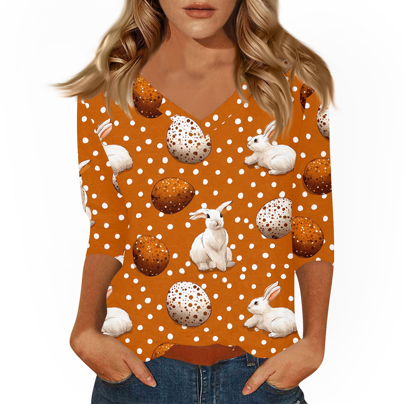 Hogleaql Womens 3/4 Sleeve V Neck T-Shirts Easter T-Shirts Dressy Cute ...