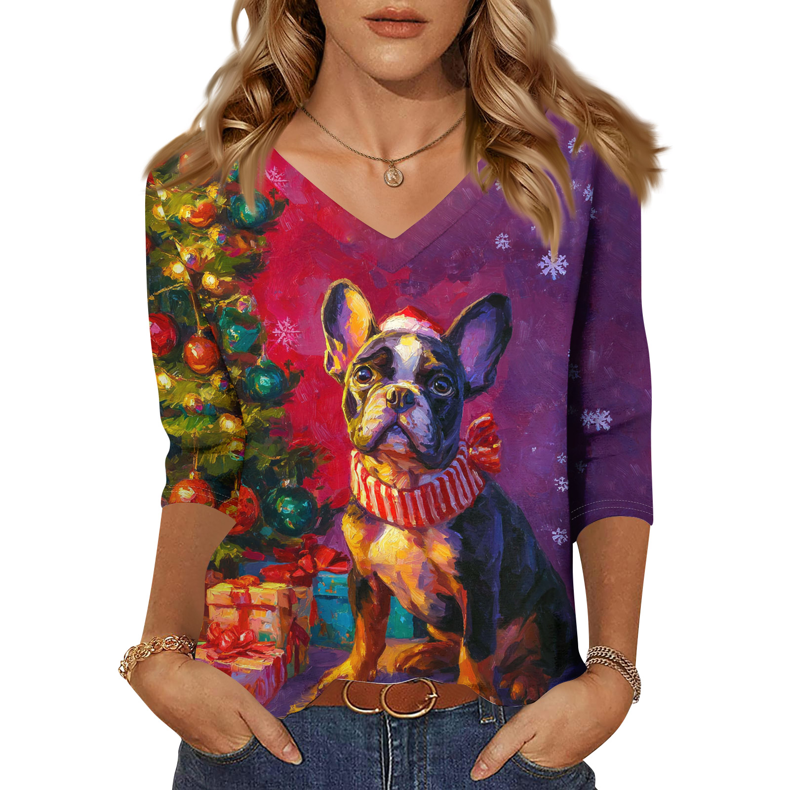 Hogleaql Womens 3/4 V Neck Sleeve Christmas Shirts Comfy Santa Claus ...
