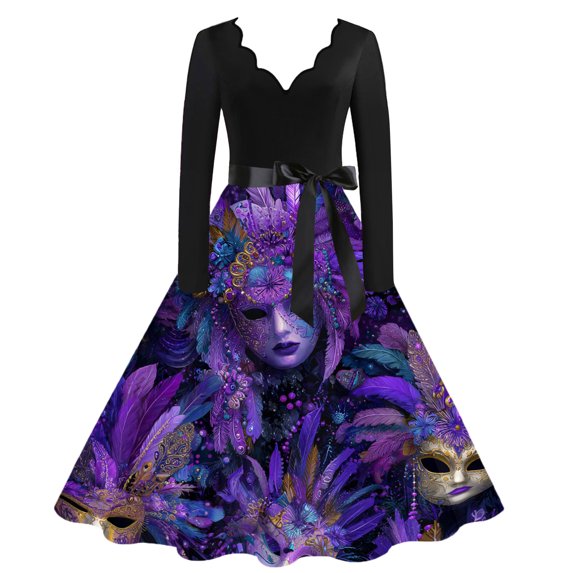 Hogleaql Womens Mardi Gras Dress Party Retro V Neck Long Sleeve A-Line ...
