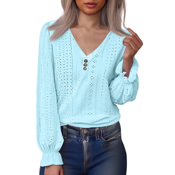 Hogleaql Womens Summer Tops Plus Size Ruffle Long Sleeve V Neck Eyelet ...