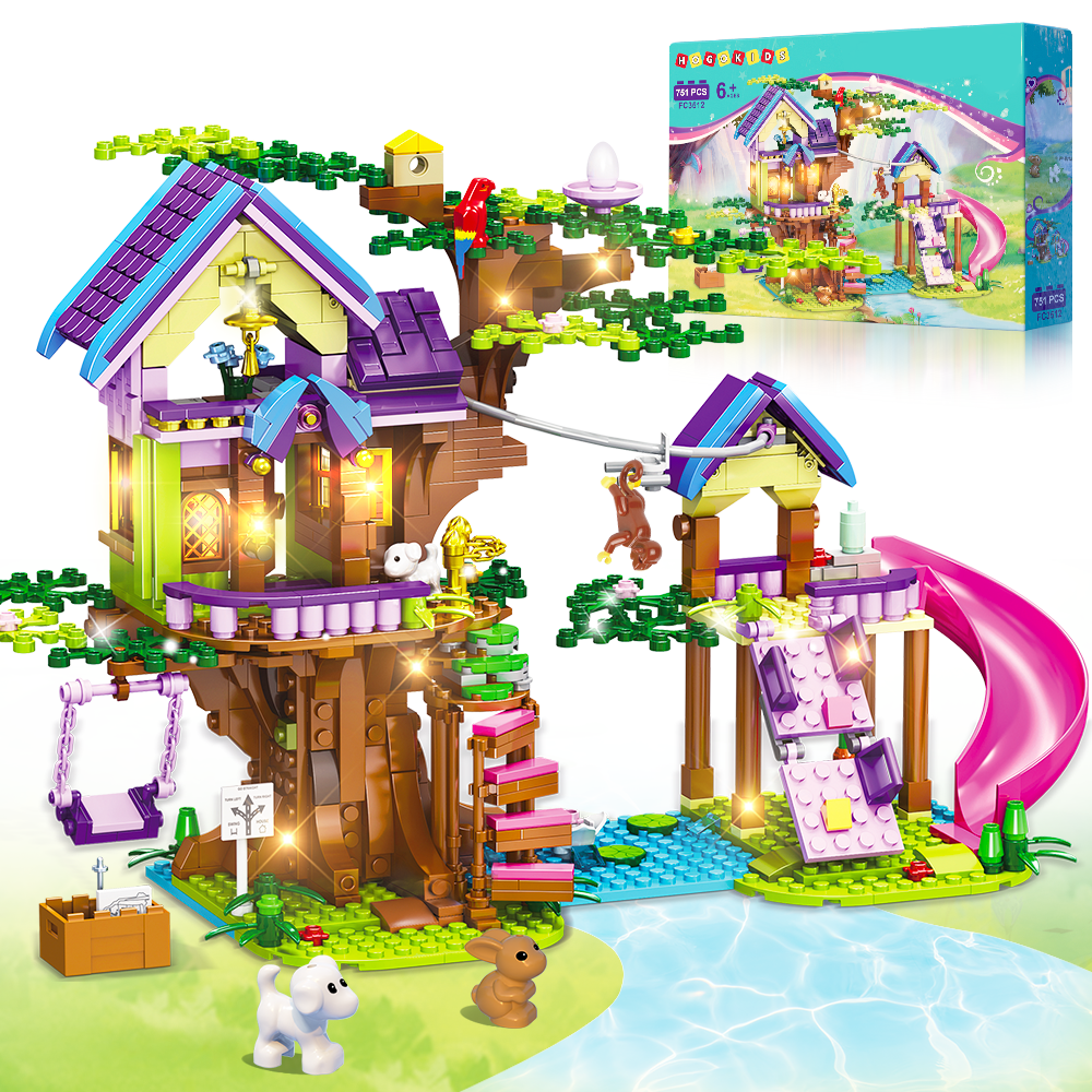 HOGOKIDS Tree House Playset, 751 PCS with LED, Slides Swing Animals ...