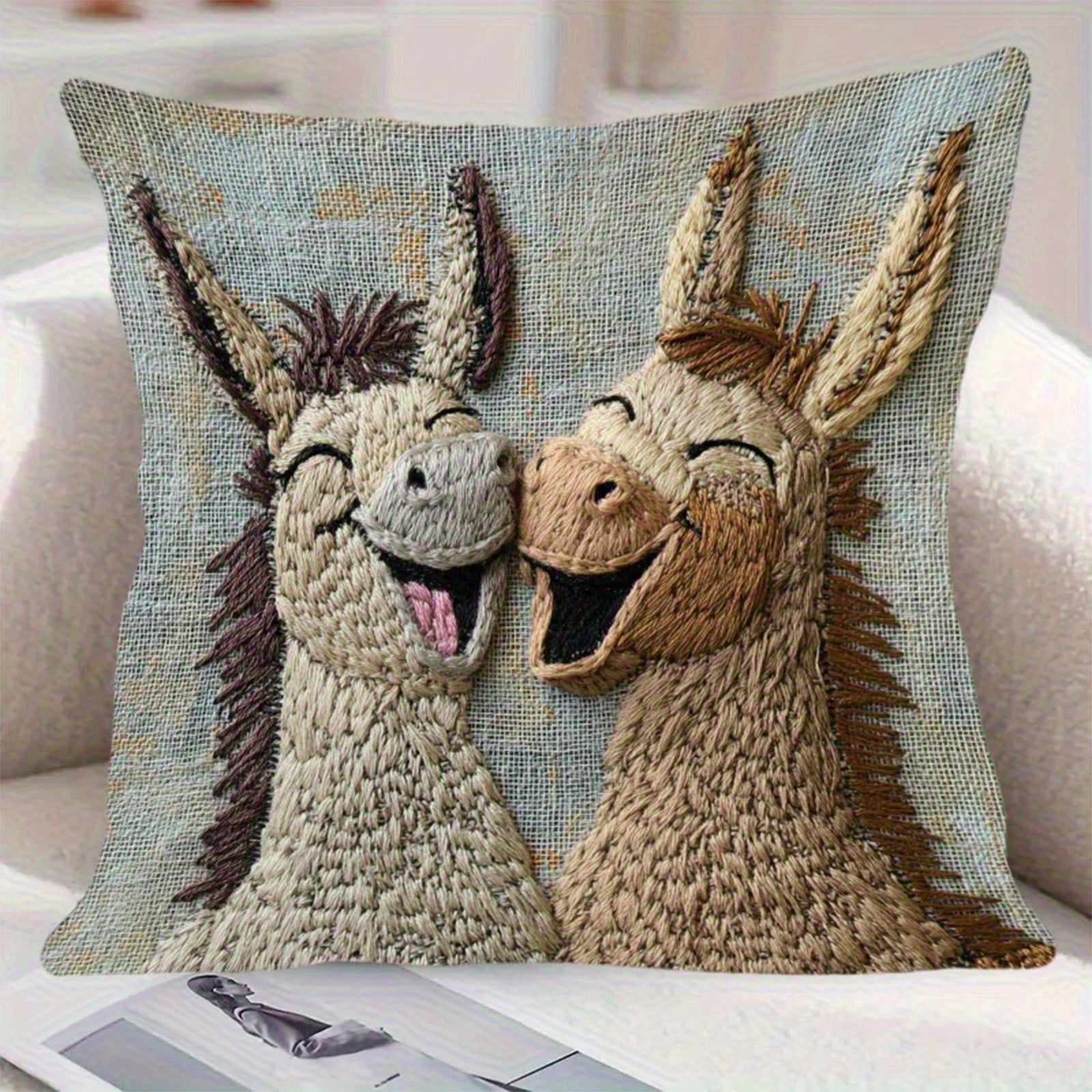 Hohaski Short Lint Pillow Cover 18inch Cute Two Donkeys Embroidery ...
