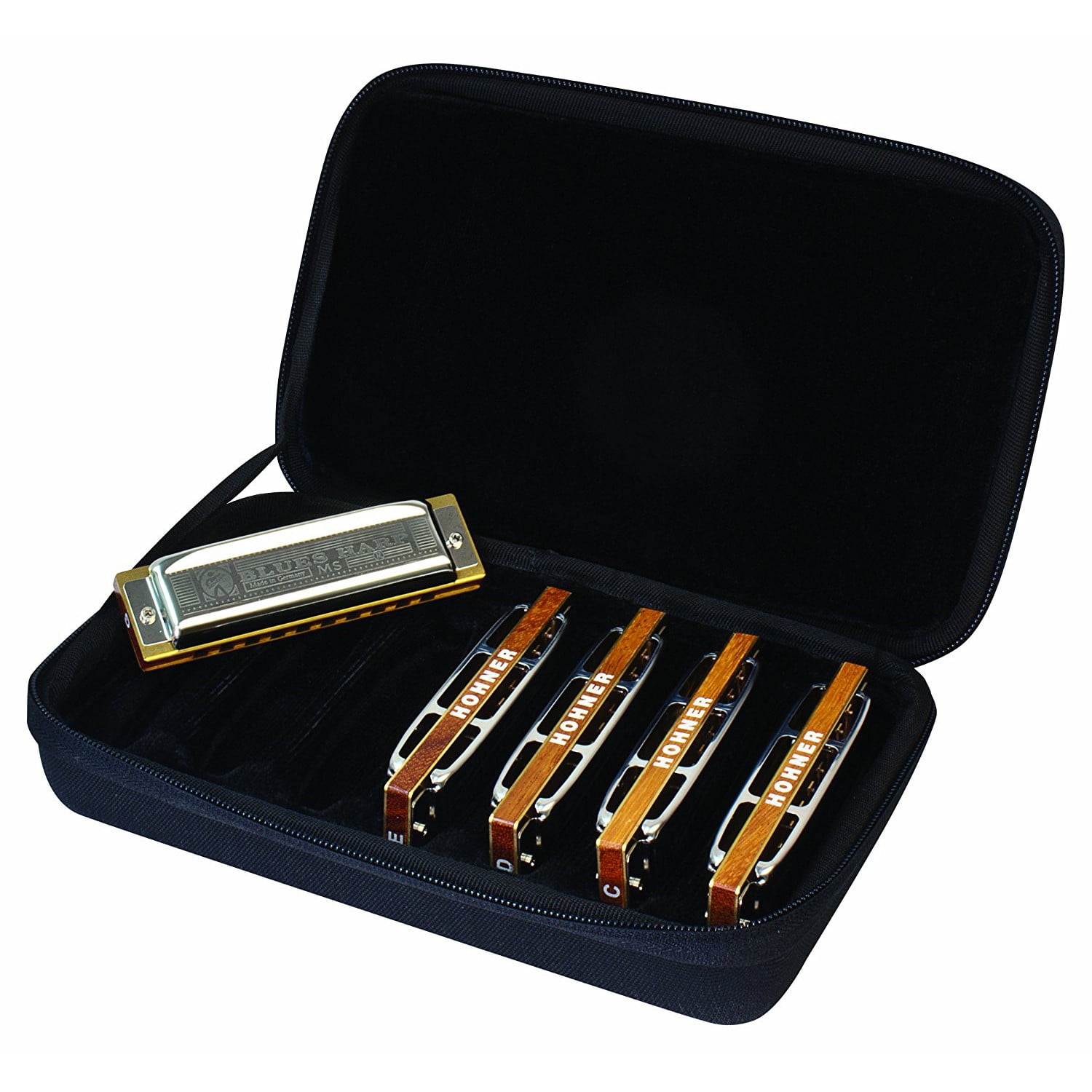 Hohner 532/20 Blues Harp Harmonicas Bundle with Case Keys of G, A, C, D ...