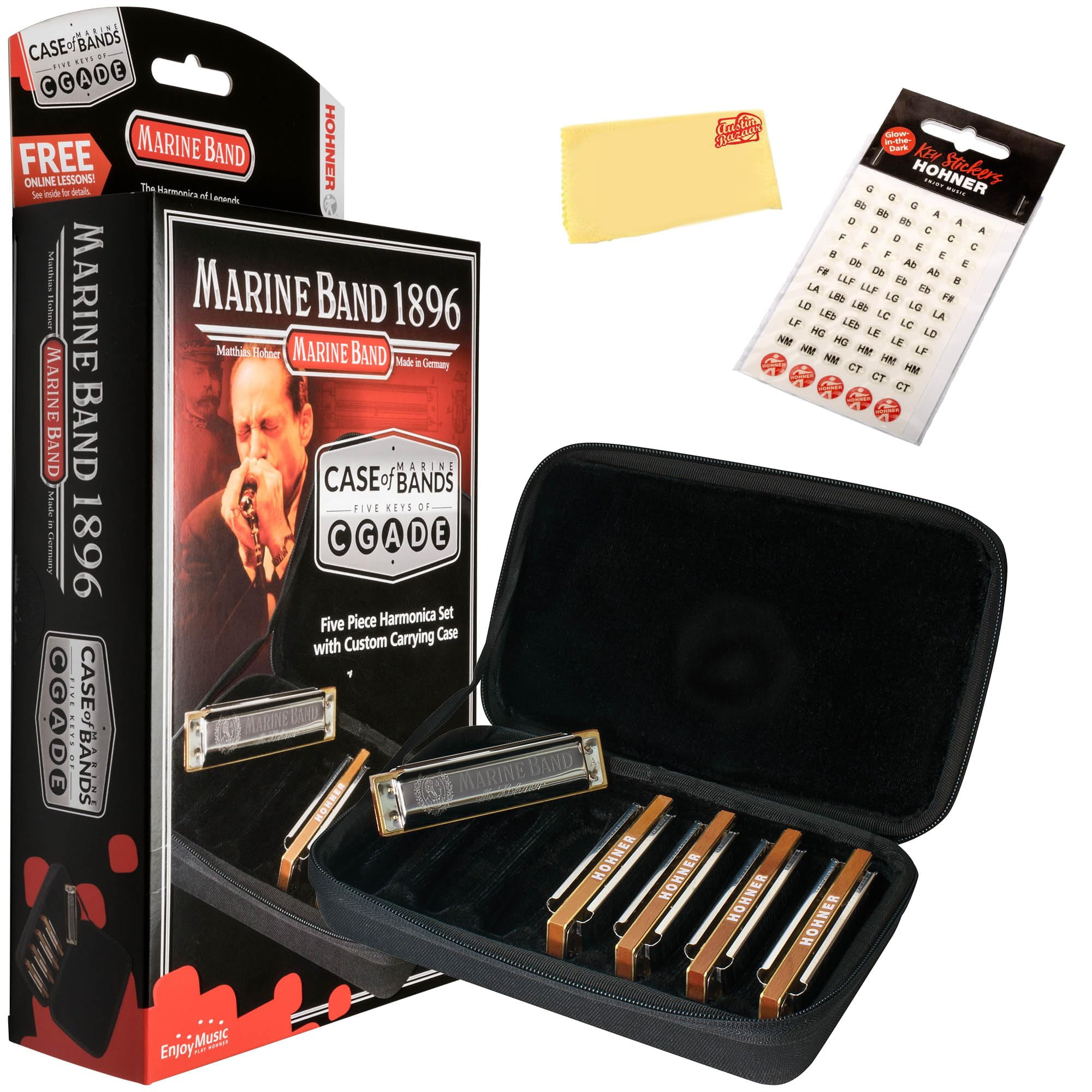 Hohner MBC Marine Band 1896 Harmonica - 5 Pack Bundle with Case, Key ...