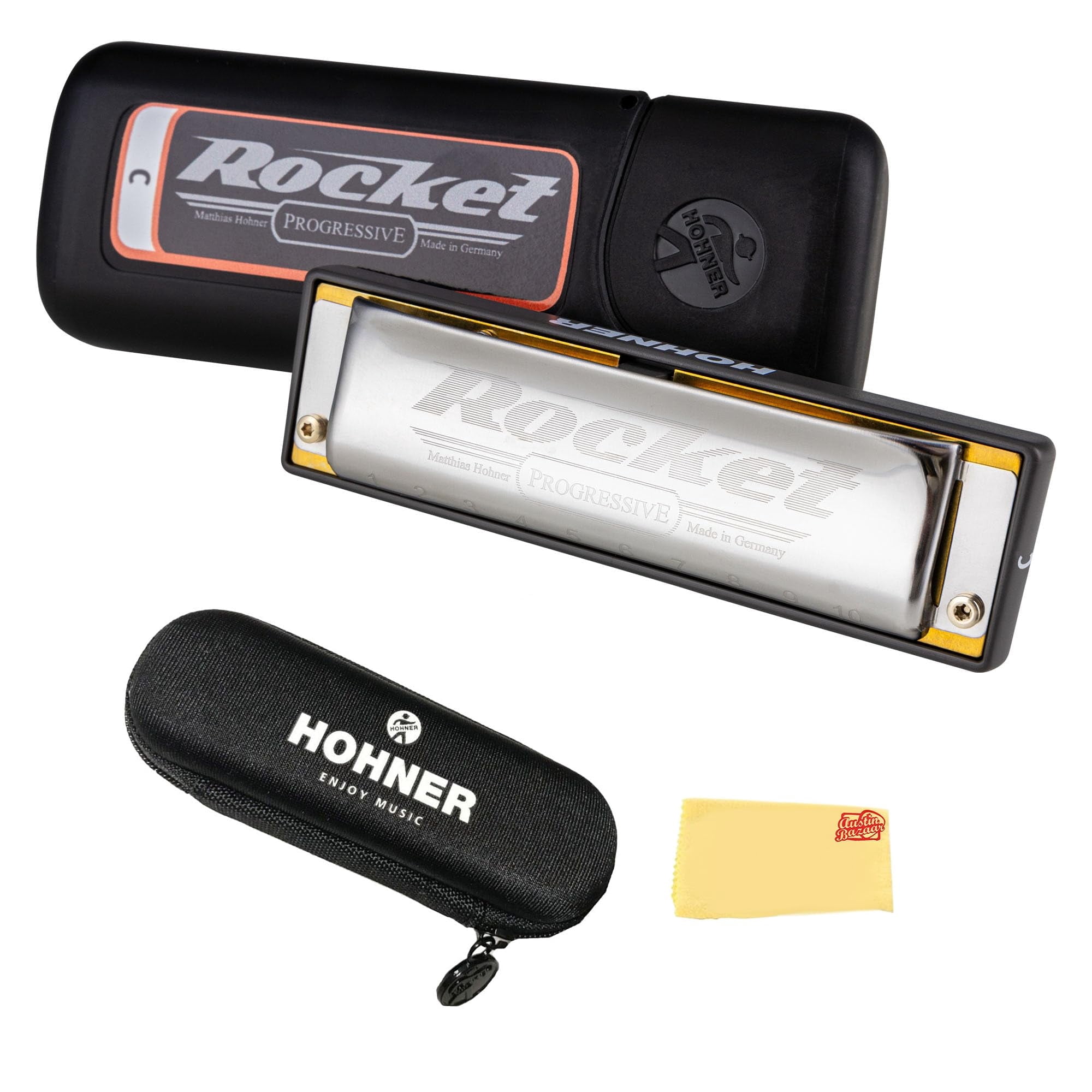 Hohner Progressive Rocket Harmonica - Key of C Bundle with Case, Pouch ...