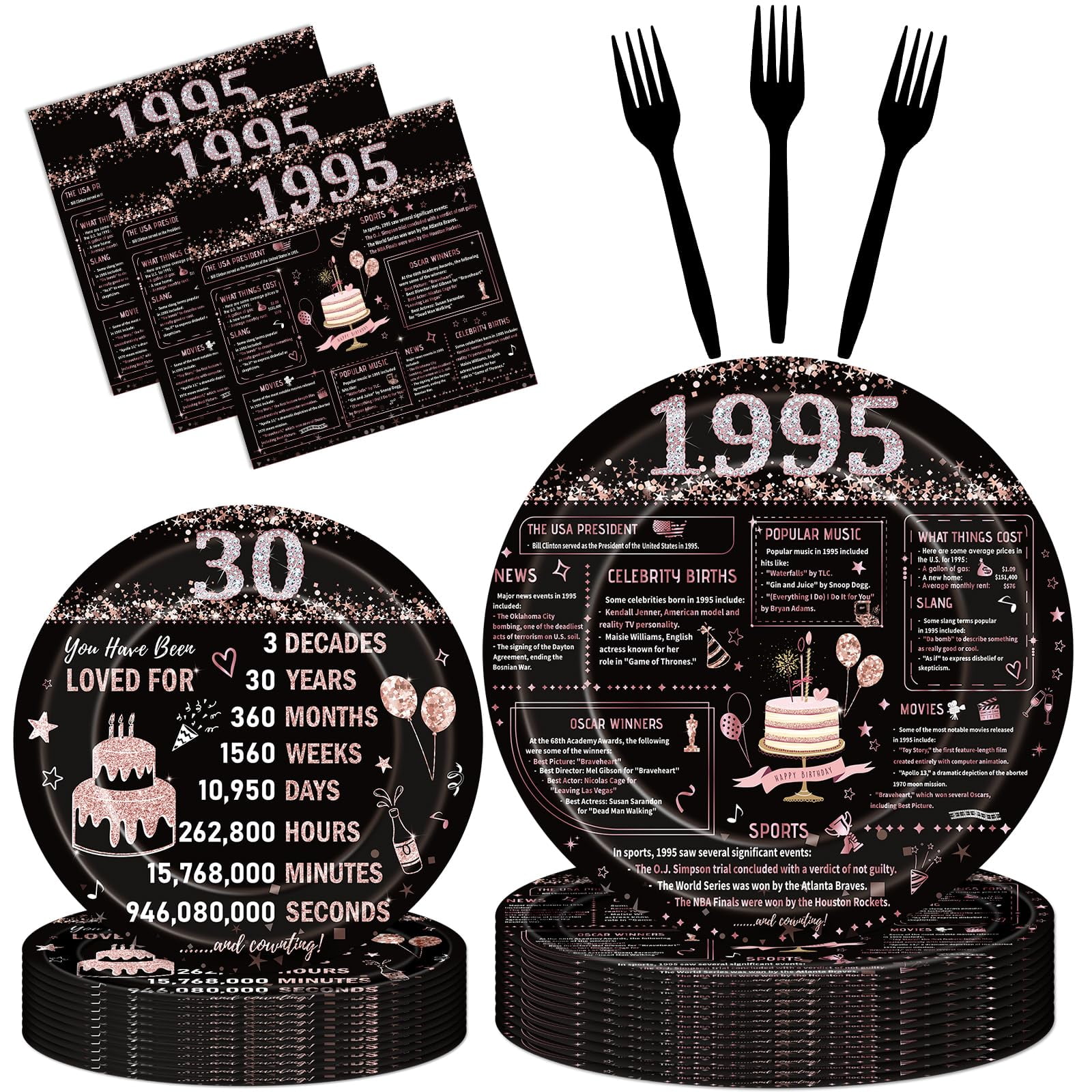 Hokinaa 1995 30th Birthday Tableware - AFN196 Pcs Black Gold 30 Years ...