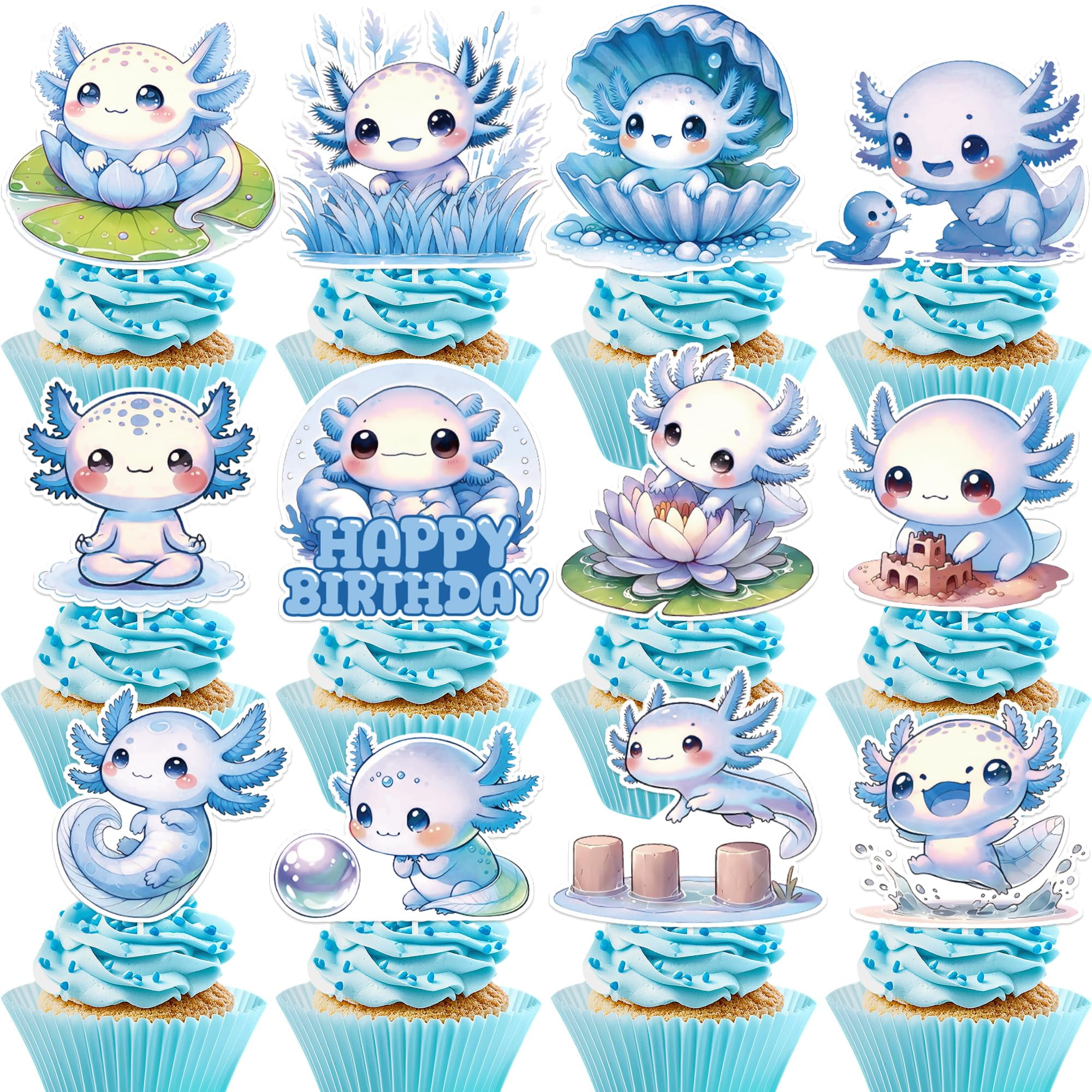 Hokinaa Axolotl Birthday Cupcake Toppers -24 AIS1 Pcs Blue Animals ...