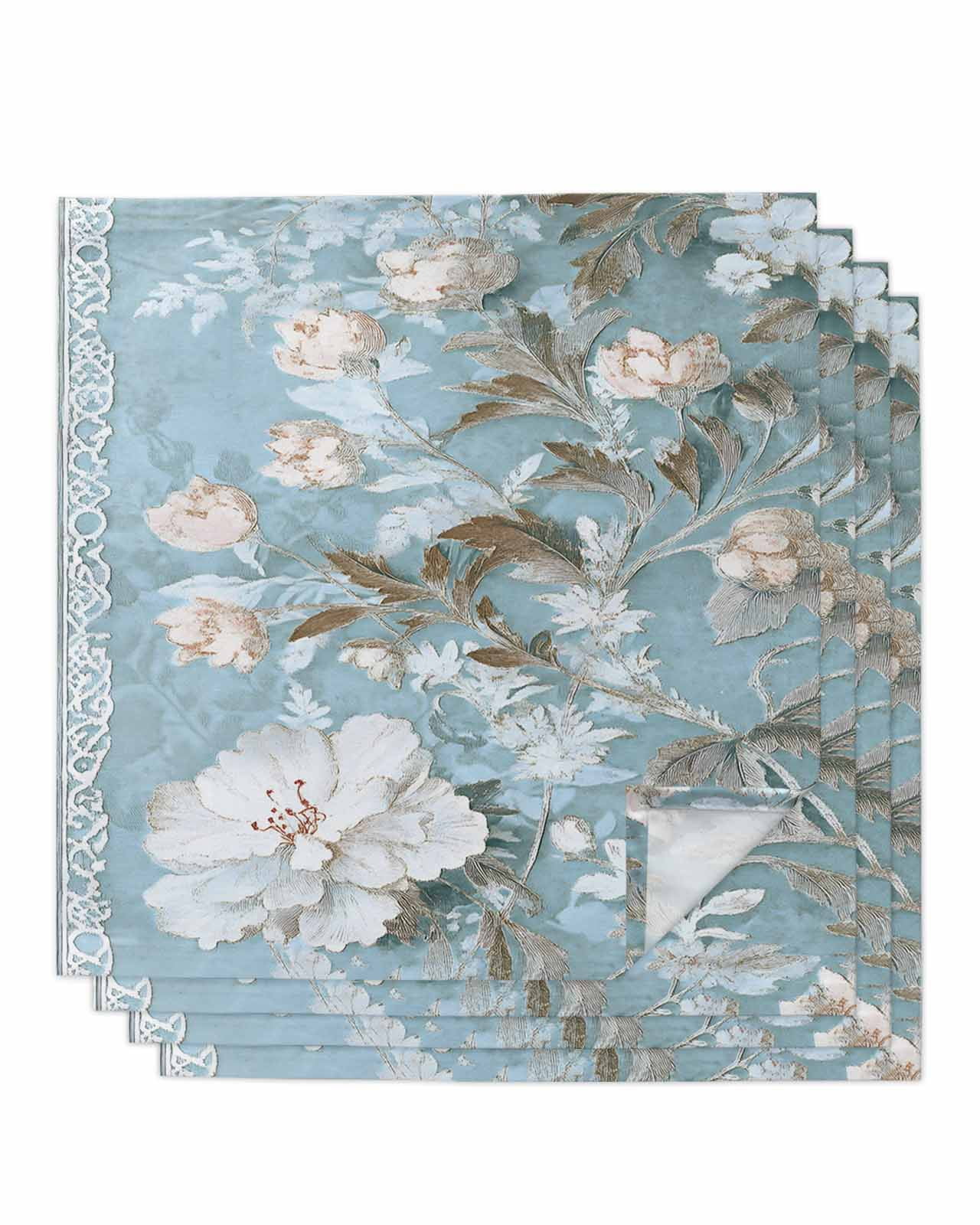 Hokiten Kitchen Dinner Napkins Set of 4 Light Blue White Floral Cloth ...