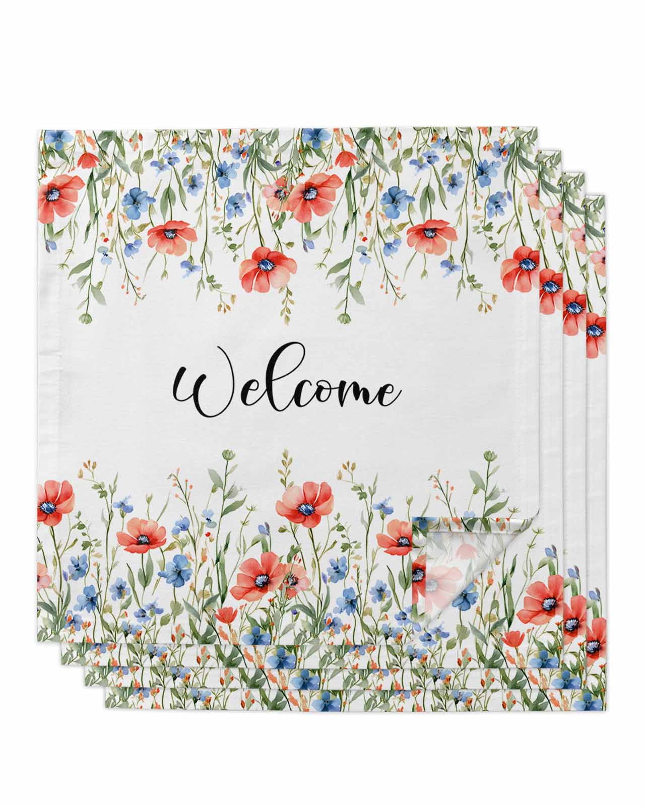 Hokiten Kitchen Dinner Napkins Set of 4 Red Blue Spring Floral Cloth ...