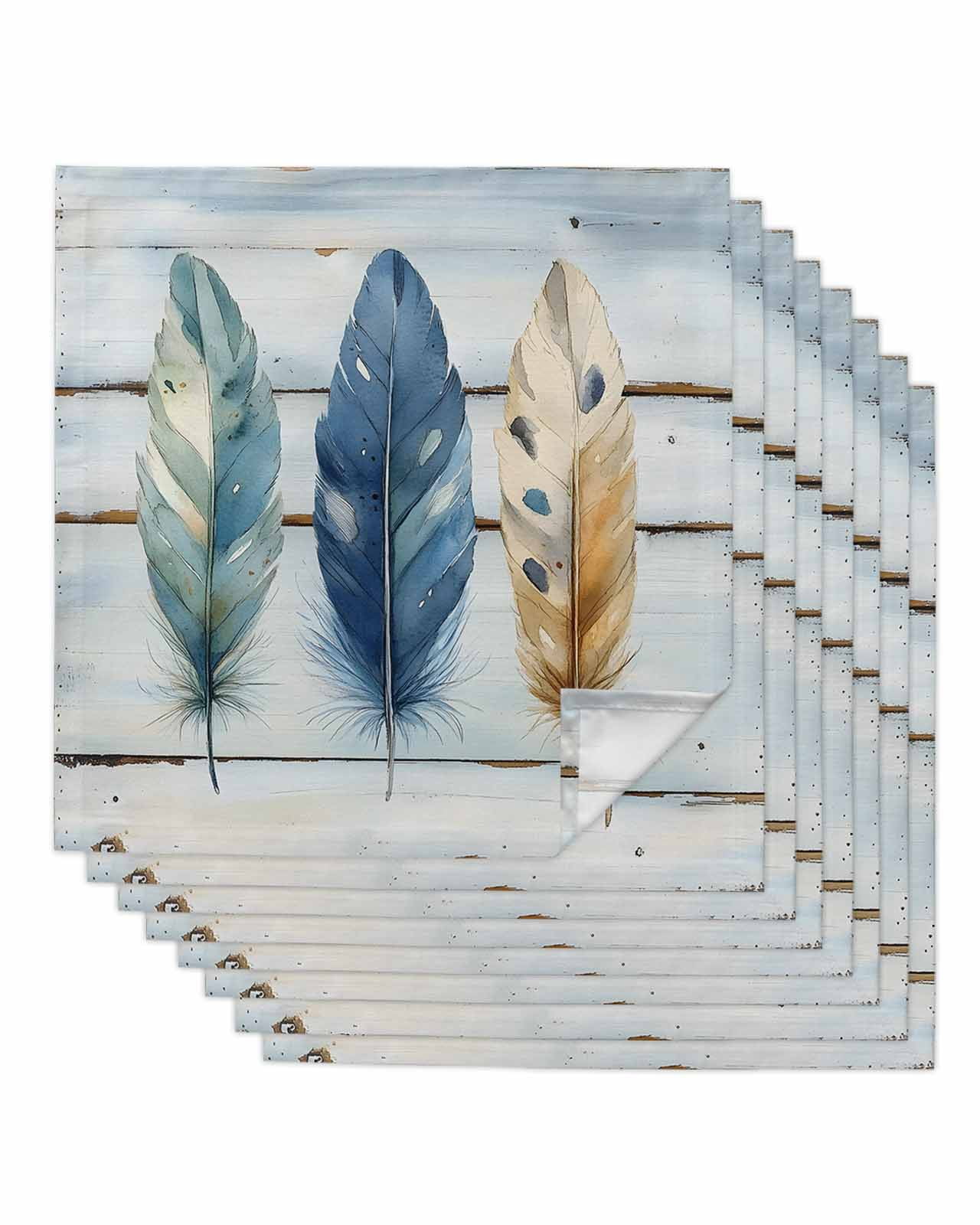Hokiten Kitchen Dinner Napkins Set of 8 Vintage Blue Feathers Cloth ...