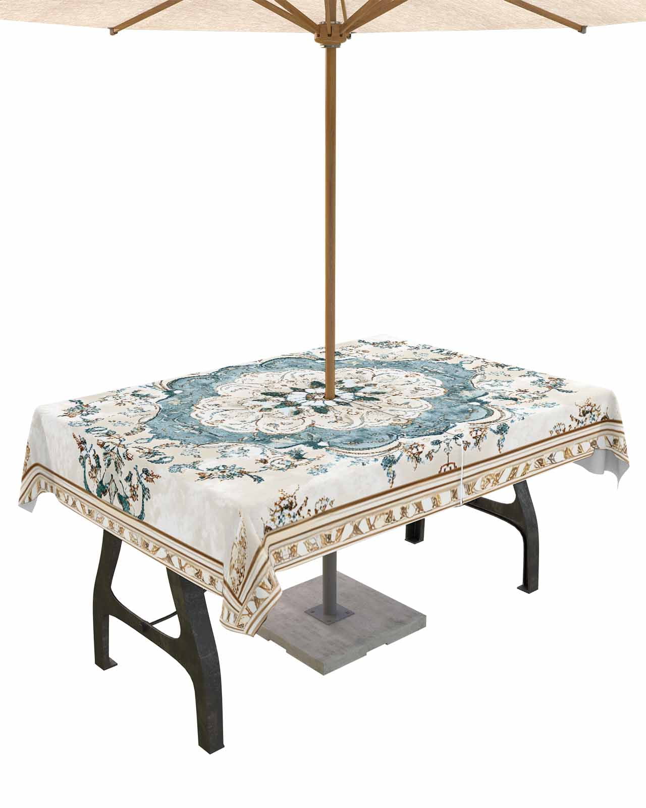 Hokiten Outdoor Tablecloths with Umbrella Hole & Zipper, Blue Boho ...